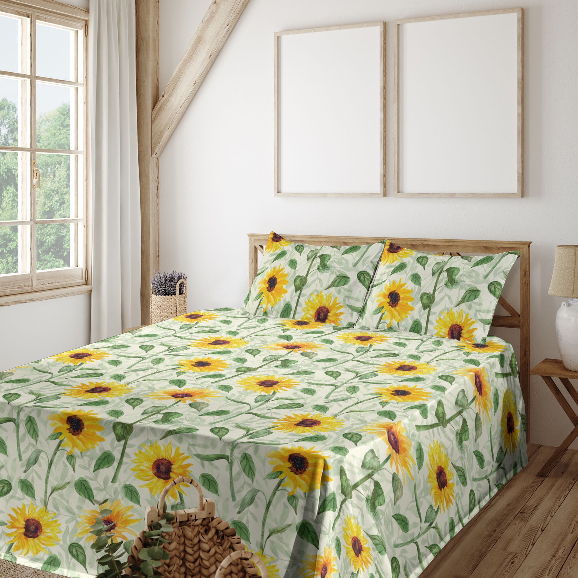 Ambesonne Sunflower Fitted & Flat Sheet with Sham 3 Pcs Set, Summer ...