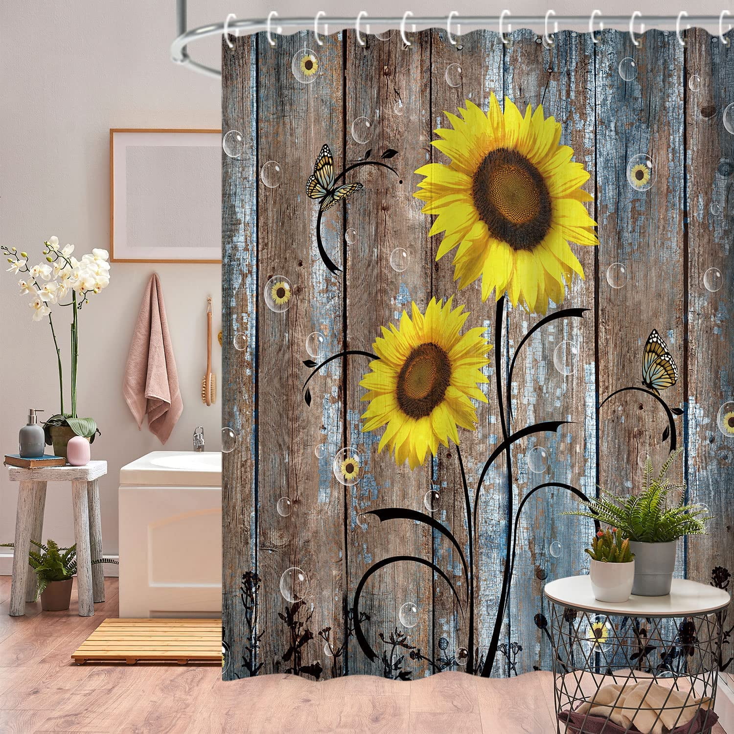 Sunflower Shower Curtain, Country Shower Curtain, Rustic Yellow Grey ...