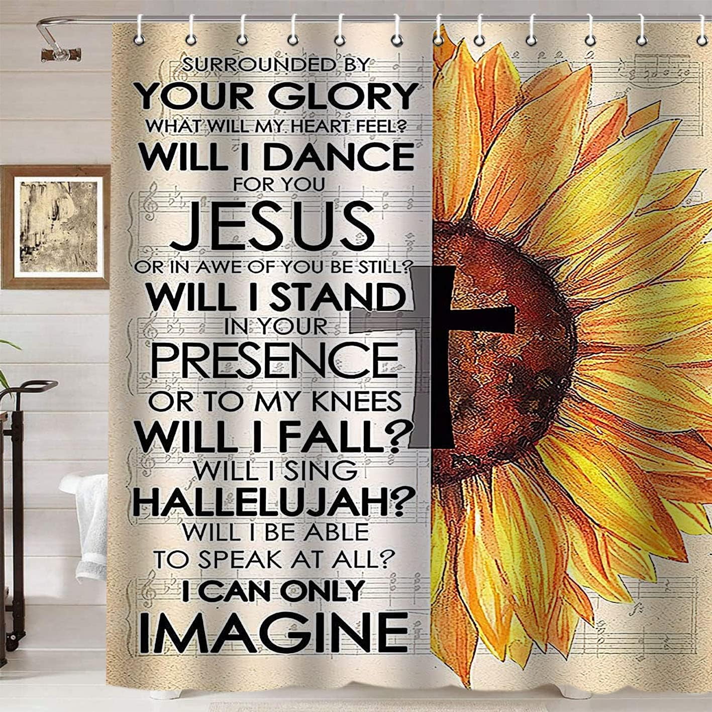 Sunflower Shower Curtain, Inspirational Quotes Sheet Music Notes Yellow ...