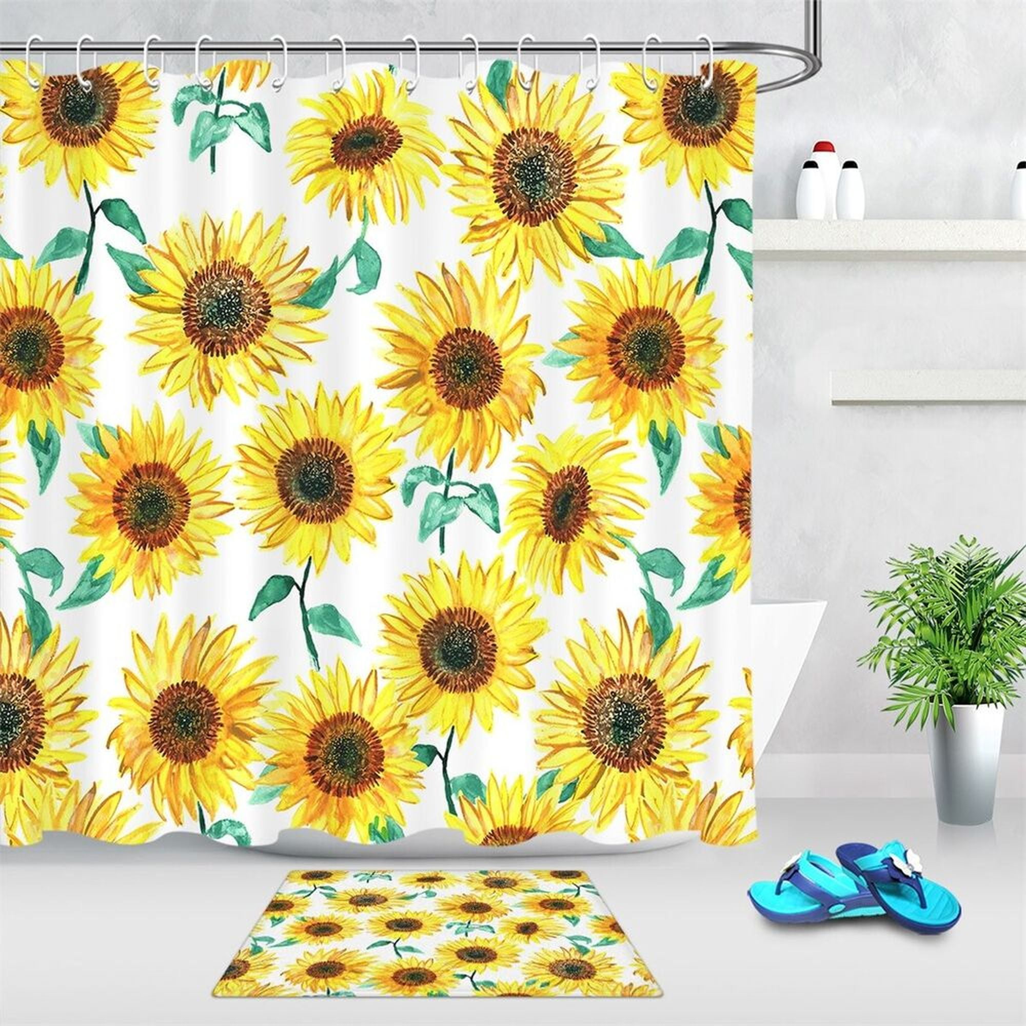 Sunflower Shower Curtain Set With Leafy Accents And Hooks