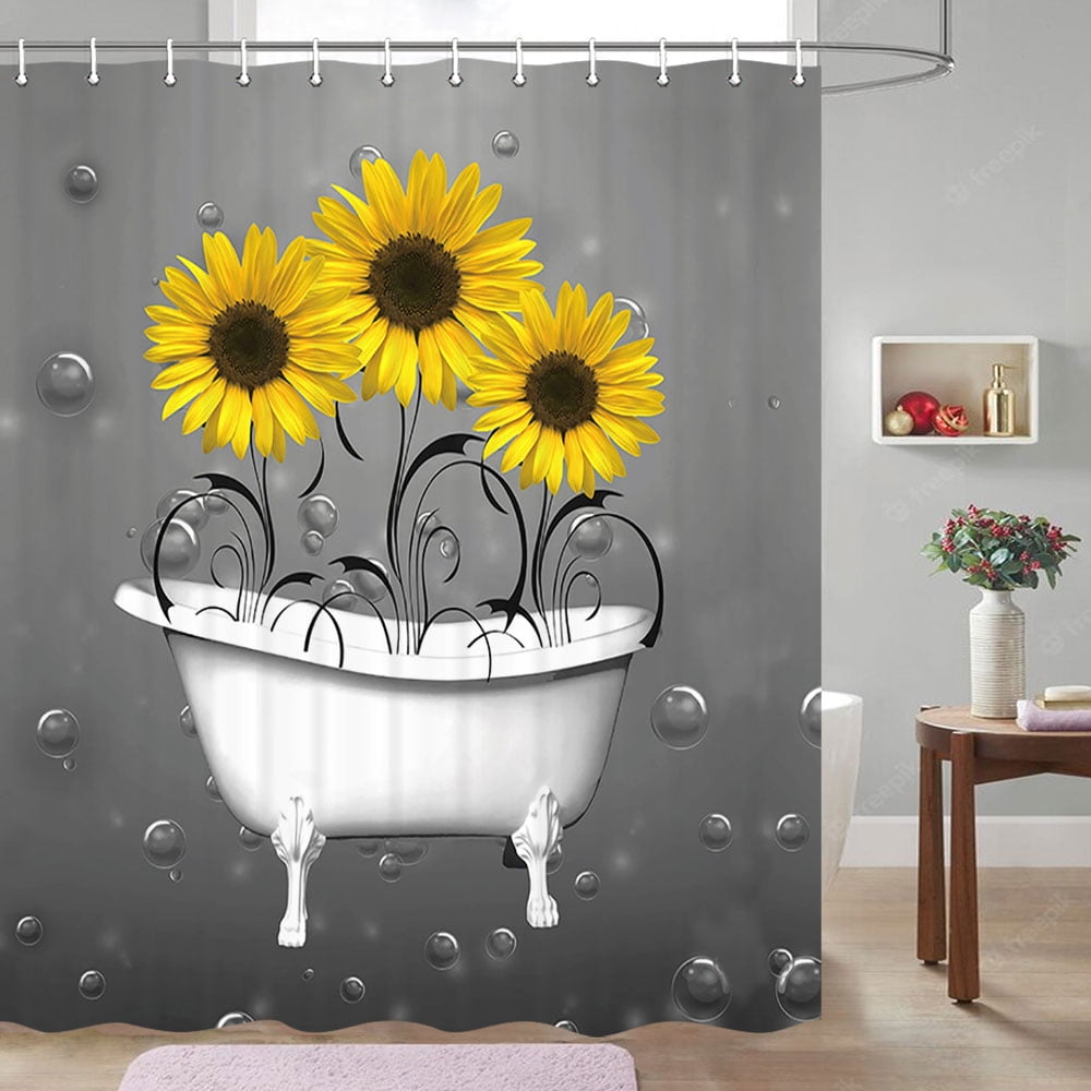Sunflower Shower Curtain, Sunflowers in White Bathtub Bubbles Shower ...