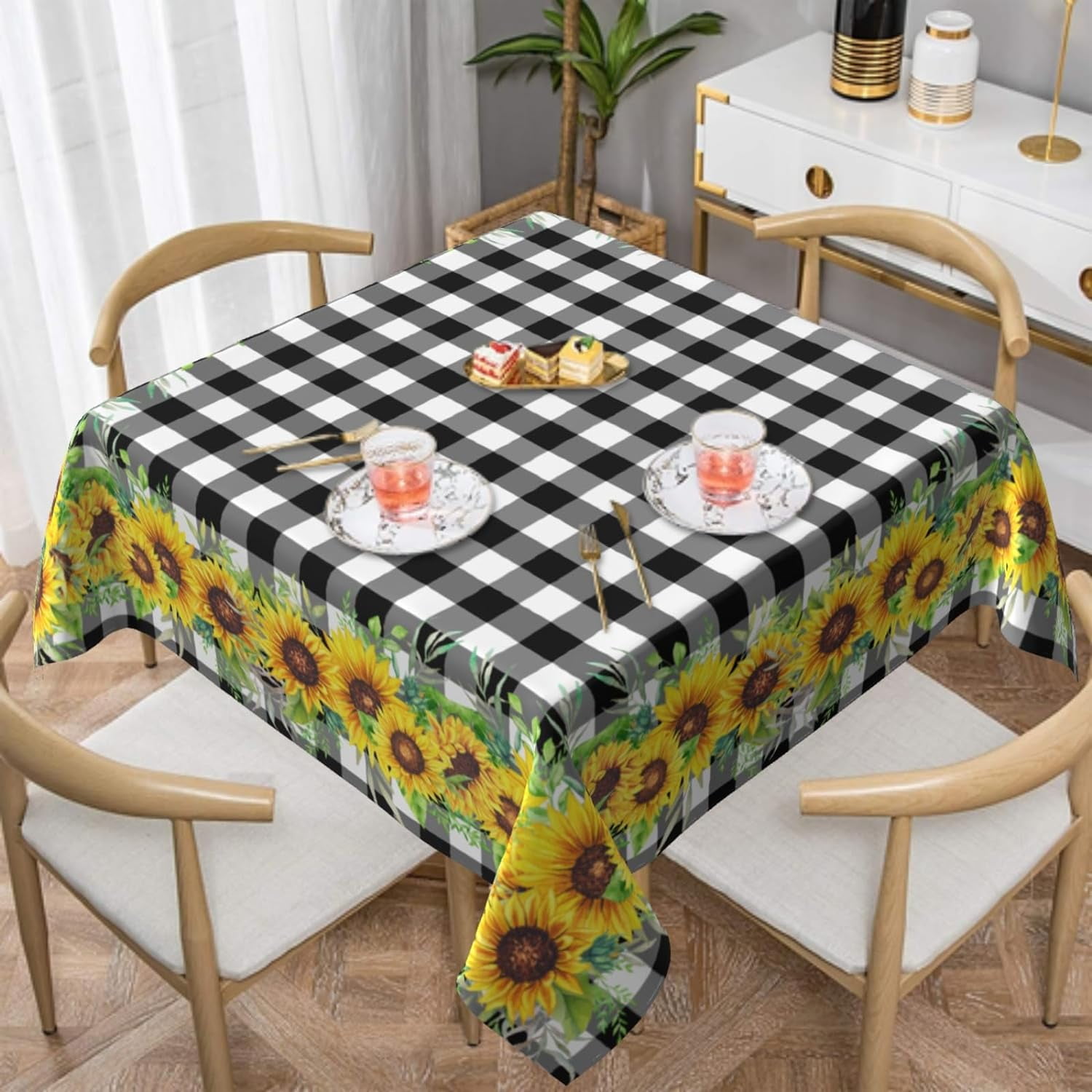 Sunflower Square Tablecloth 52×52 Inch Black White Buffalo Check ...