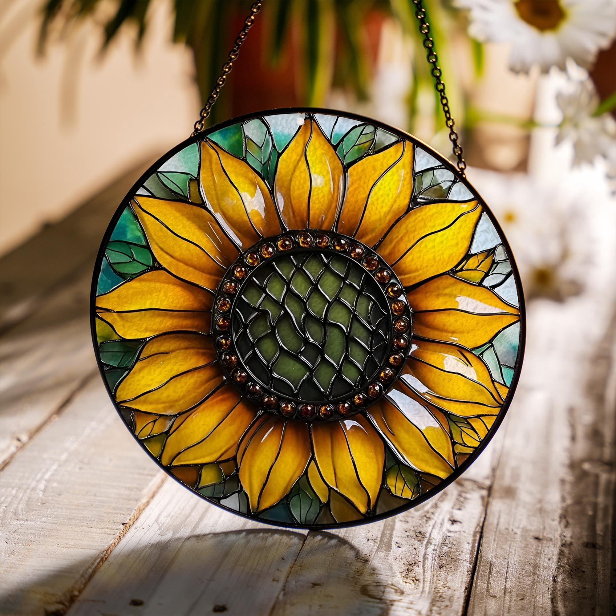 Sunflower Stained Glass Suncatcher, Bright Yellow Floral Window Hanging ...