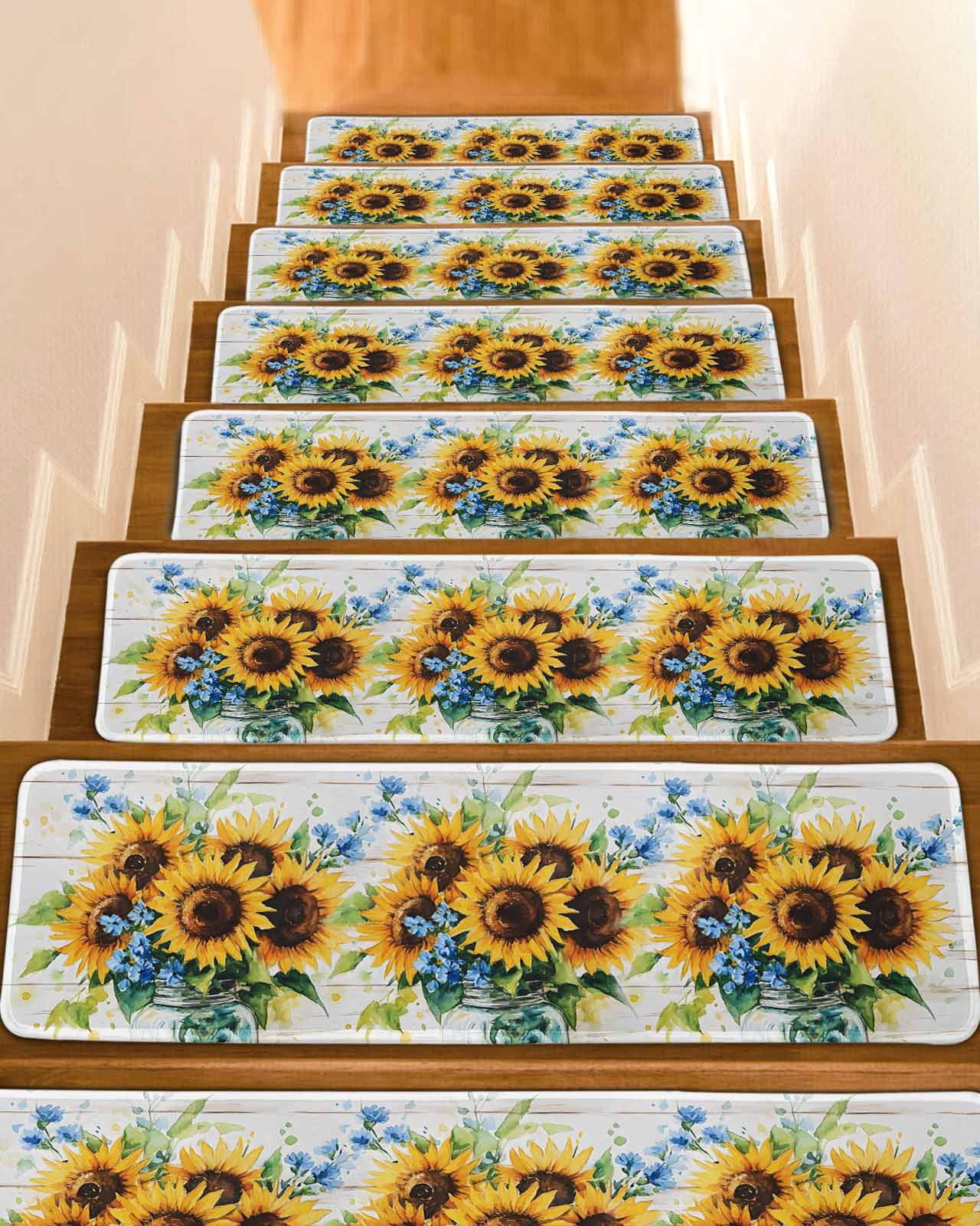 Sunflower Stair Treads for Wooden Steps Indoor Runner Rug Carpet, Retro ...