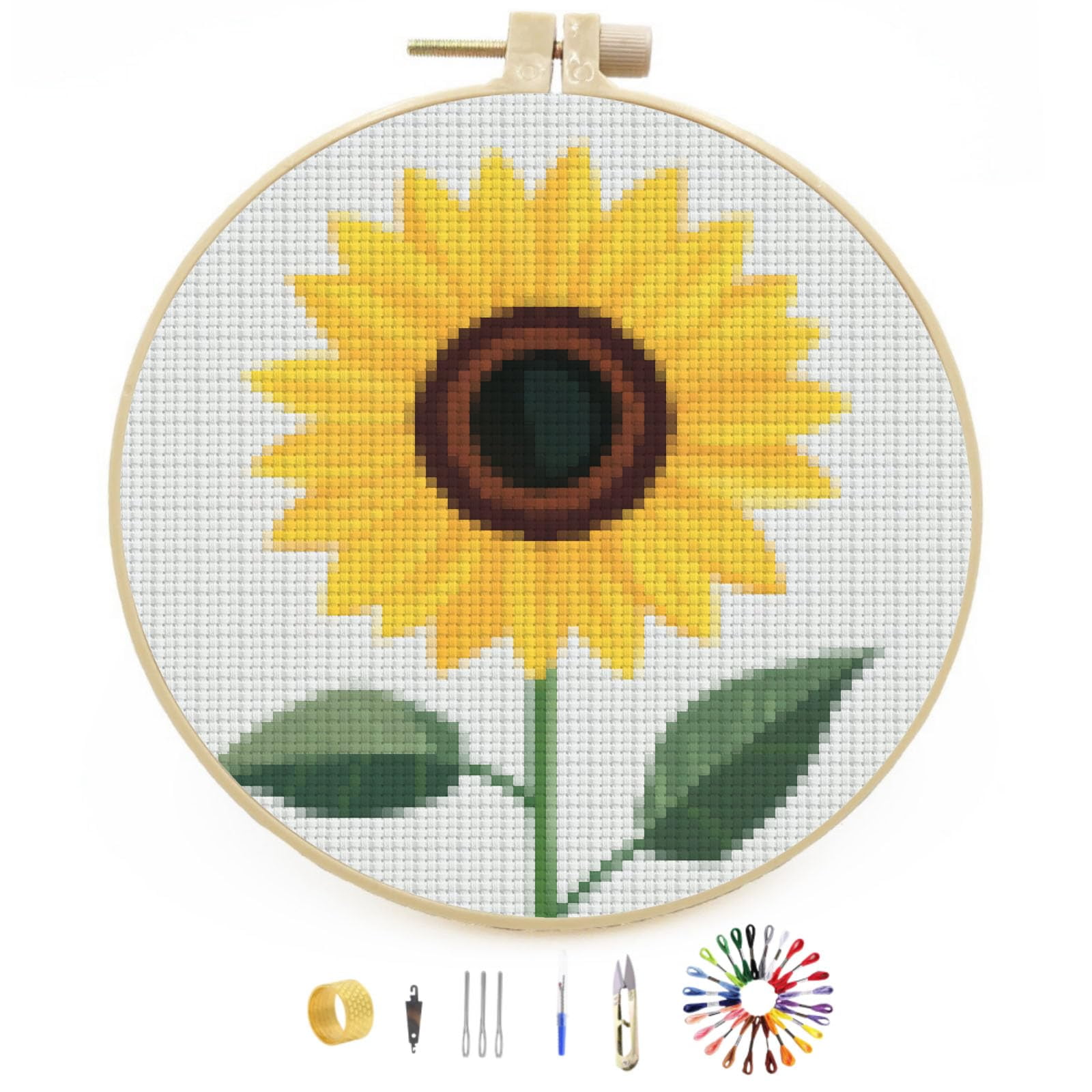 A Sunflower Stamped Cross Stitch Kits for Beginners with Hoop Simple Patterns 11CT Counted ...