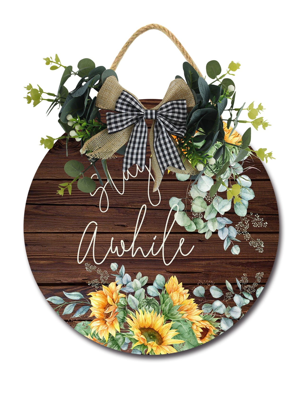 Sunflower Stay Awhile Sign Front Door Porch Decorations, Round Rustic ...