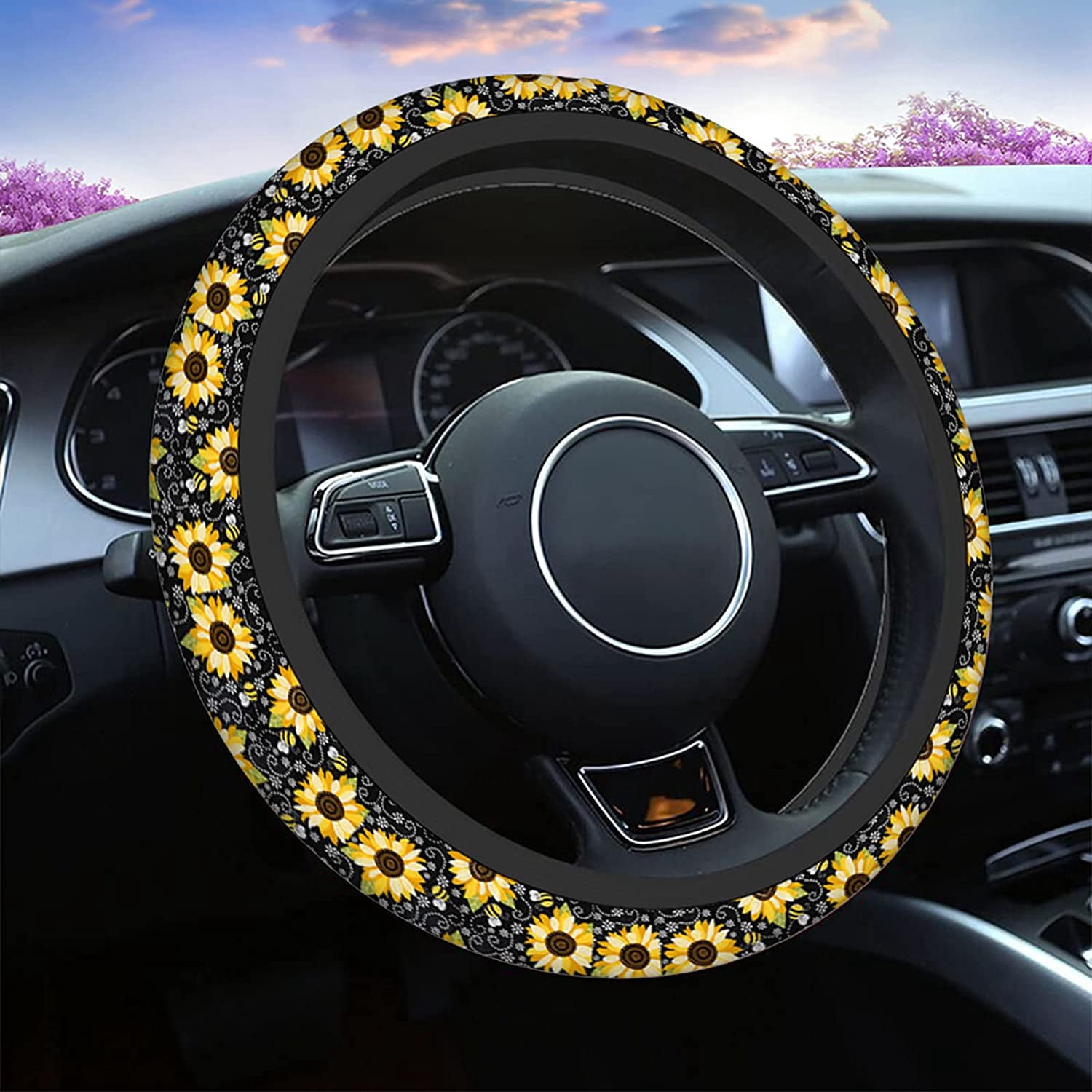 Sunflower Steering Wheel Cover Cartoon Sunflower and Bee On The Black ...
