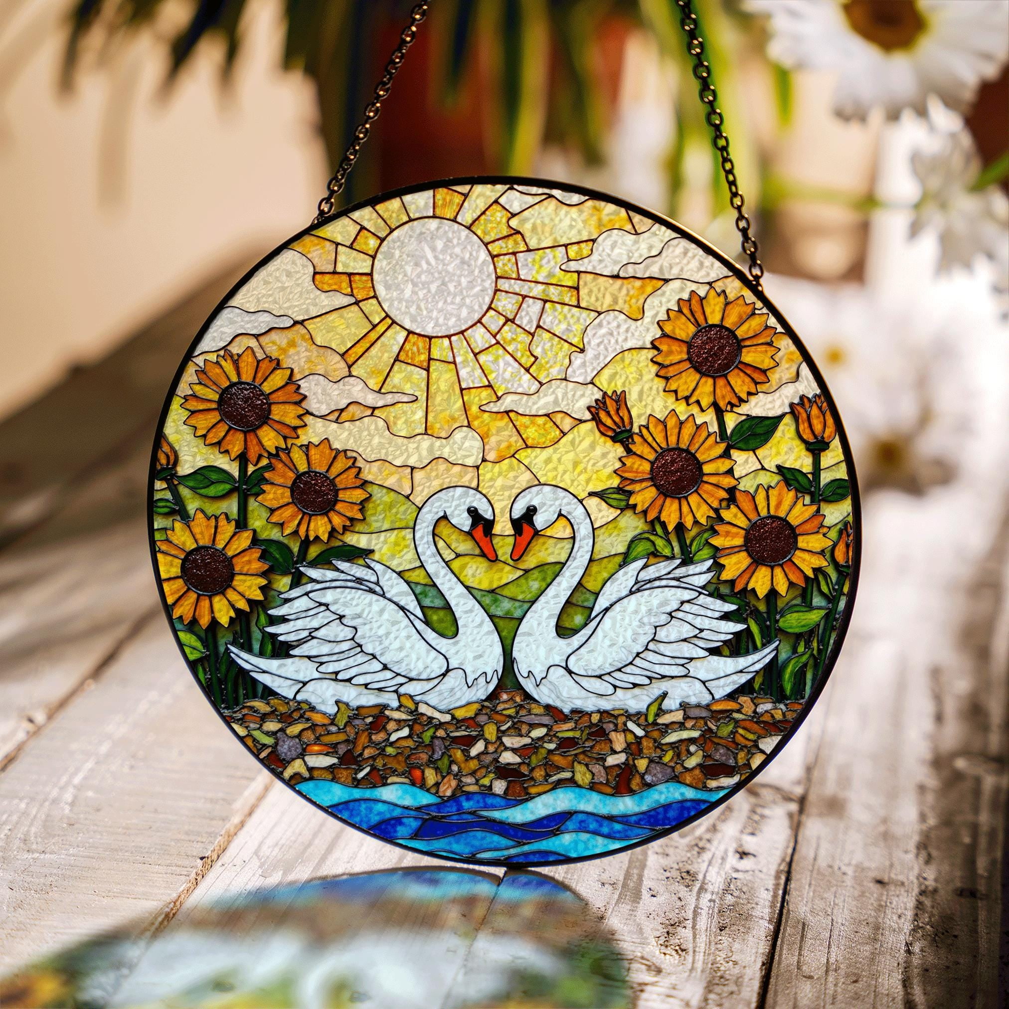 Sunflower Swan Love Scene Glass Suncatcher Window Decor Gift for Wedding Couple 1904785825 2436 ...