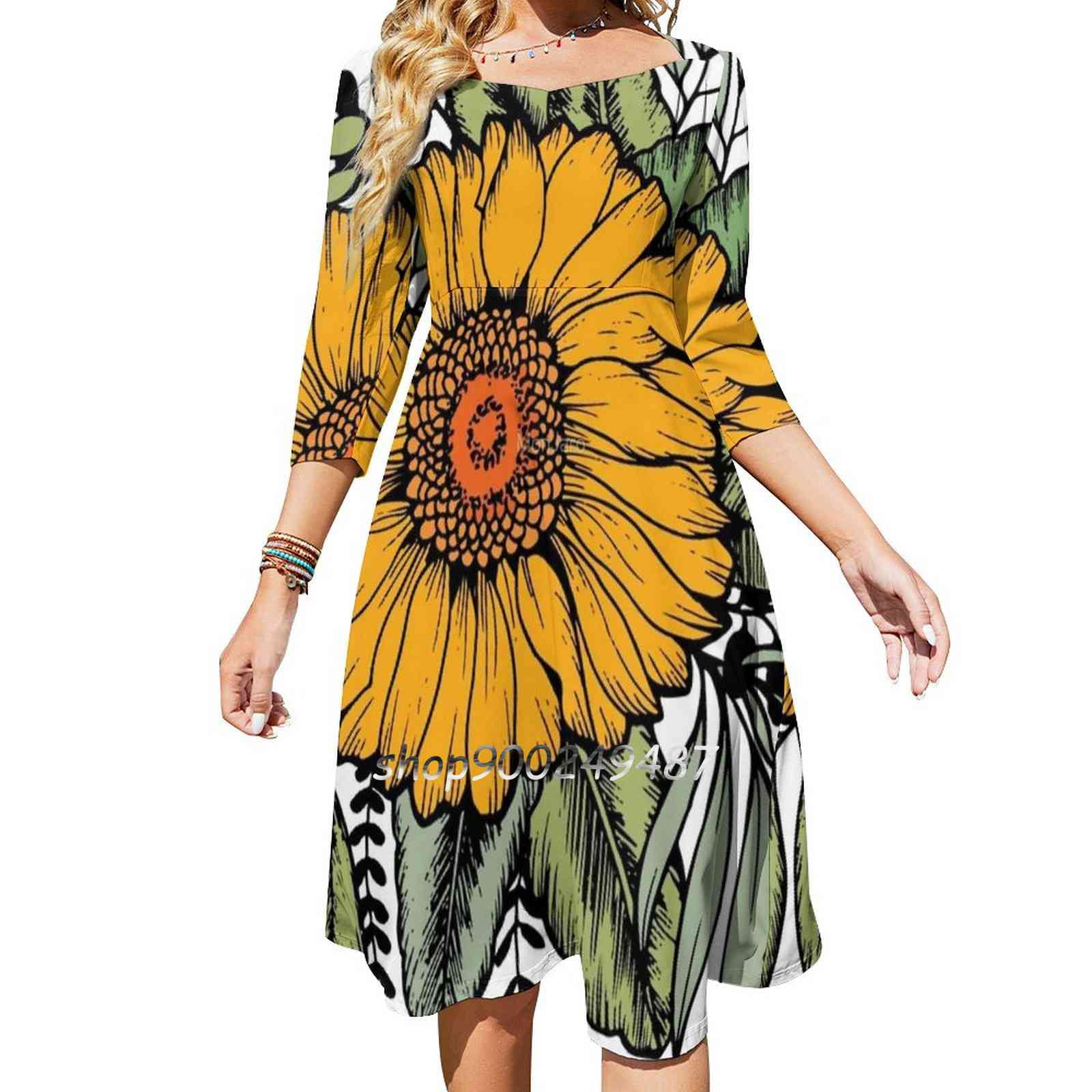 Sunflower Sweetheart Knot Flared Dress Fashion Design Large Size Loose ...