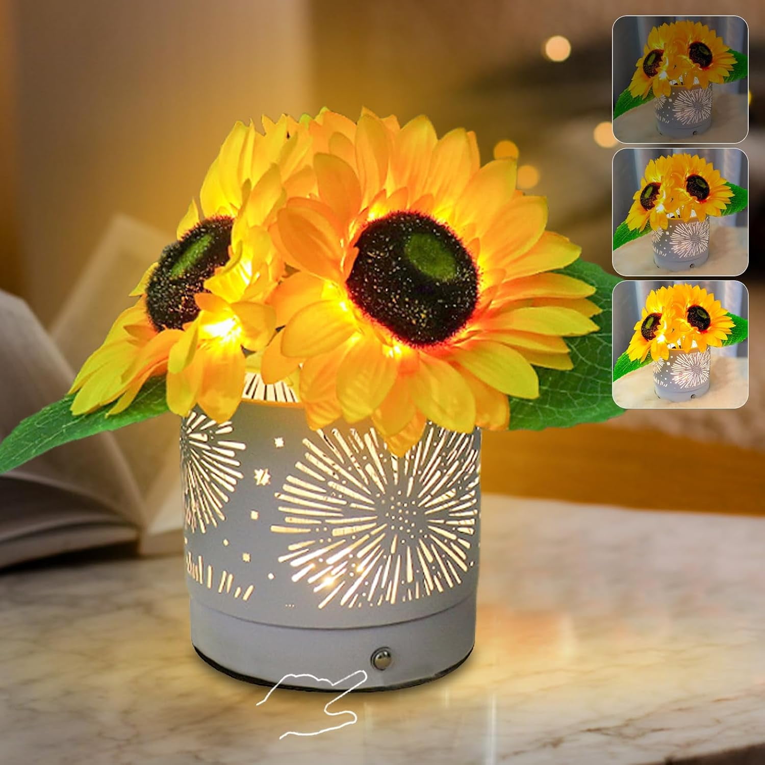 Sunflower Table Lamp, Rechargeable Cordless Artificial Flower Lamp, 3 ...