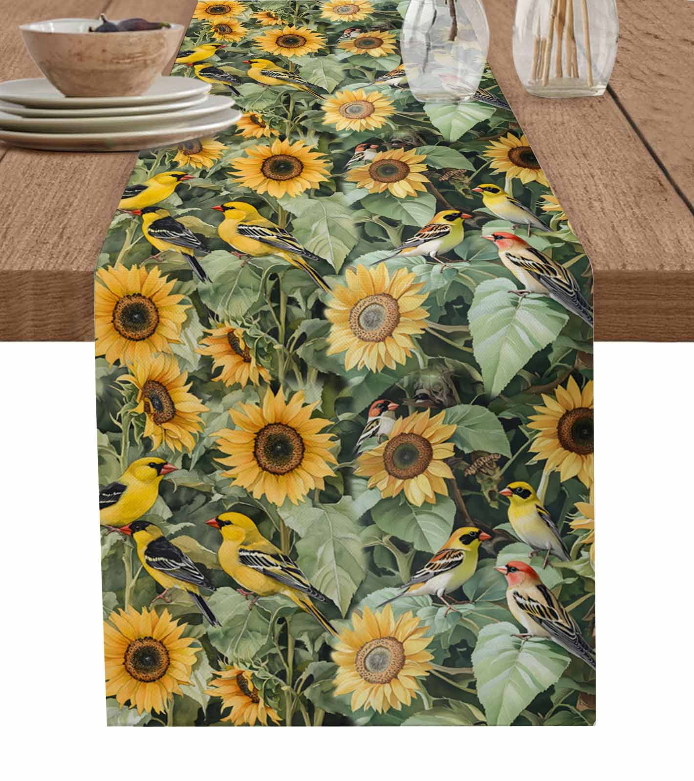 Sunflower Table Runner 108 Inches, Yellow Summer Floral Birds Pastoral ...