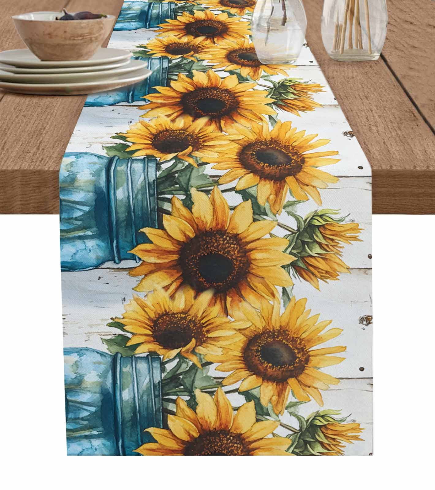 Sunflower Table Runner 120 Inches, Pastoral Pastel Yellow Floral Rustic ...