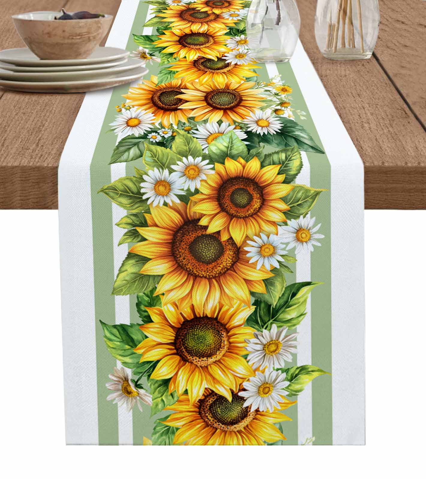 Sunflower Table Runner 120 Inches, Yellow Summer Flower Sage Green ...