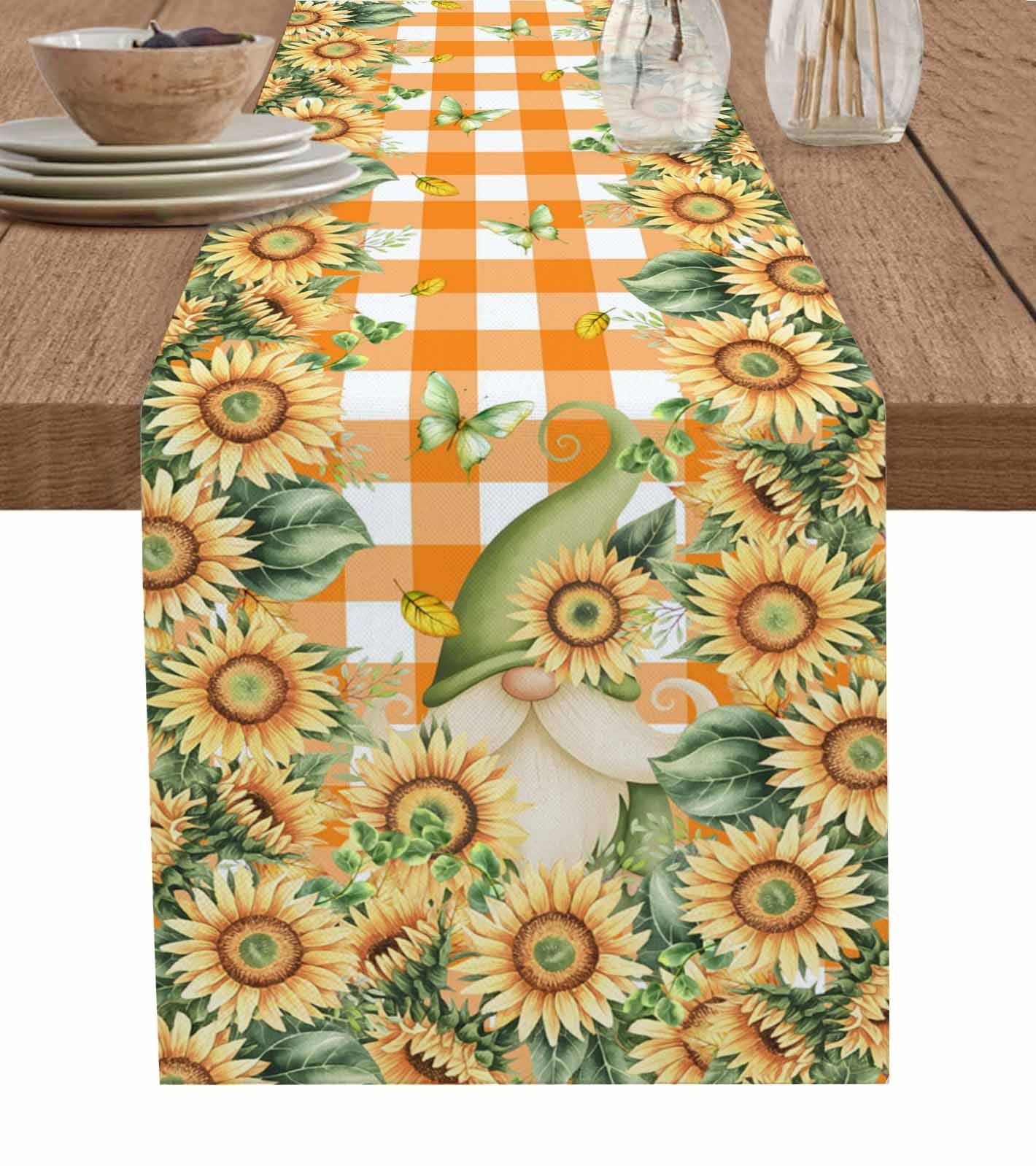 Sunflower Table Runner 60 Inches, Orange Buffalo Check Gnomes Bee ...