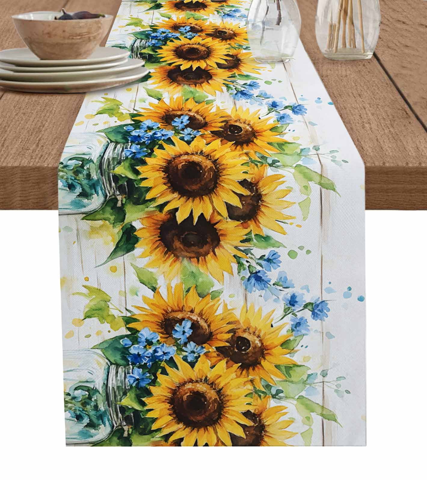 Sunflower Table Runner 60 Inches, Retro Country Garden Floral Blue ...