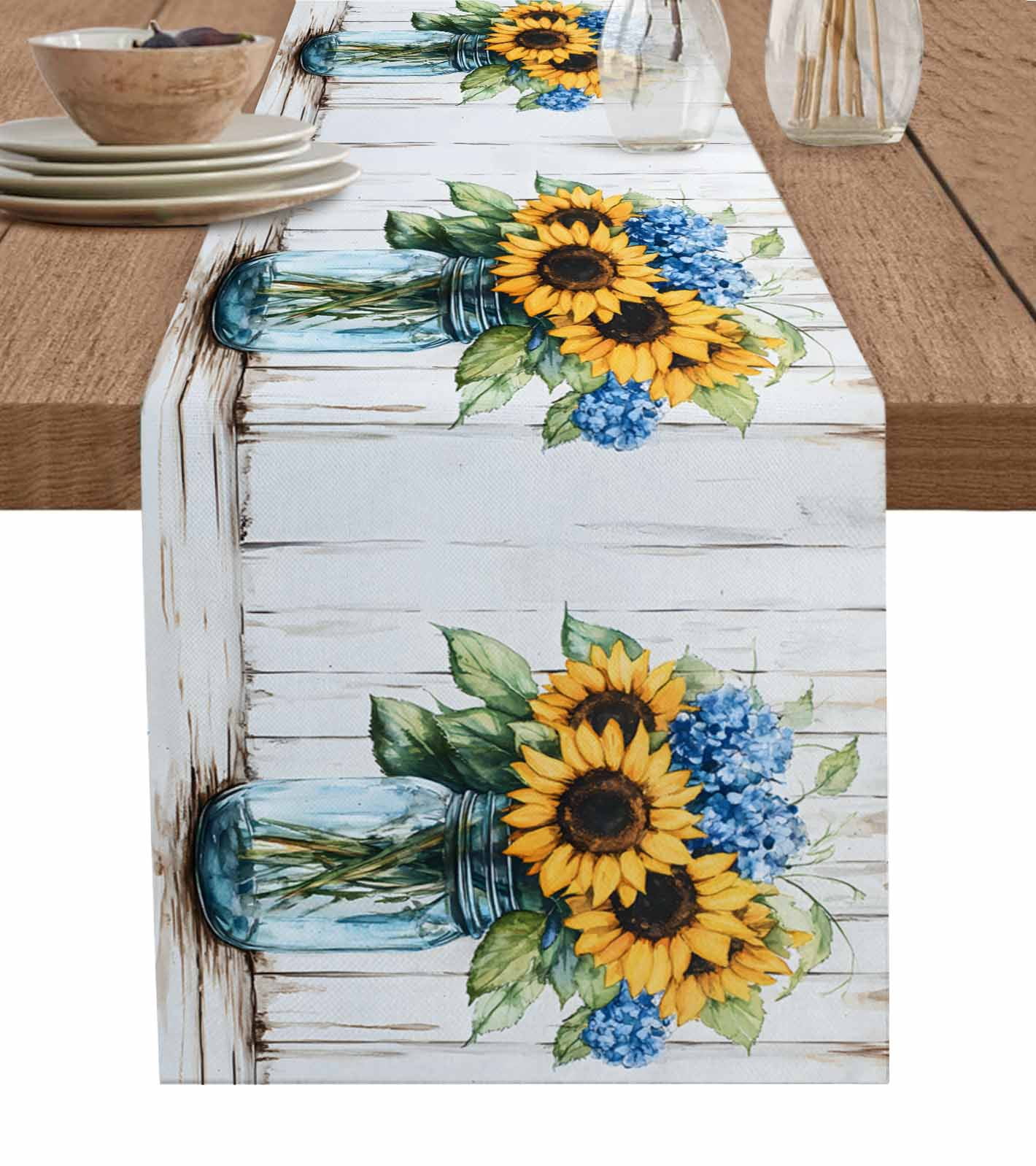 Sunflower Table Runner 72 Inches, Blue Flower Yellow Floral Retro ...