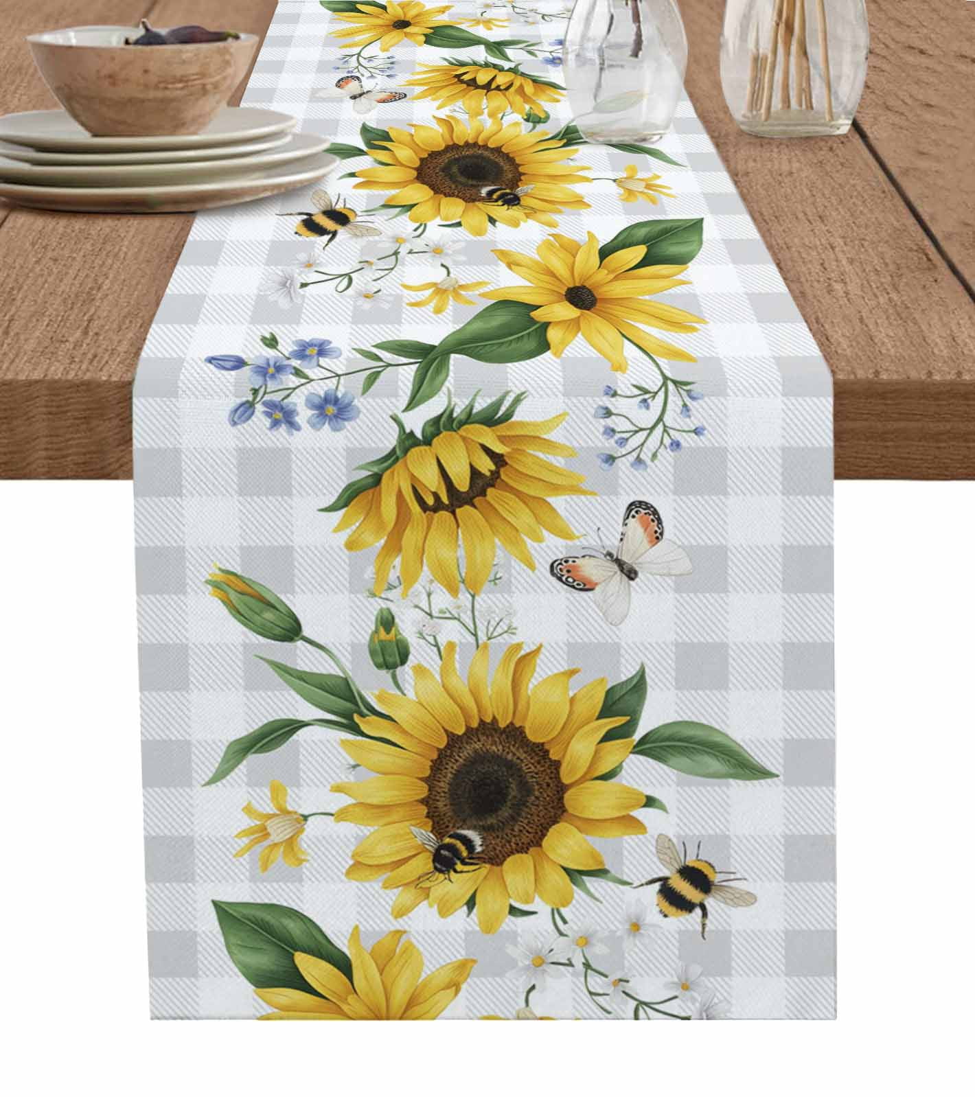 Sunflower Table Runner 72 Inches, Botanical Floral Butterfly Bee Gray ...