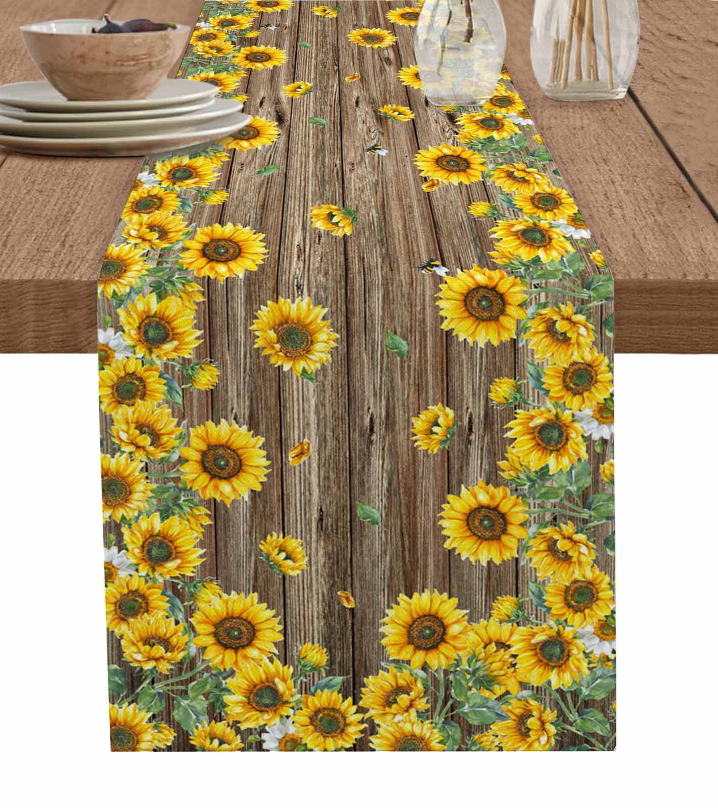 Sunflower Table Runner 72 Inches, Brown Wood Grain Rustic Farmhouse Bee ...