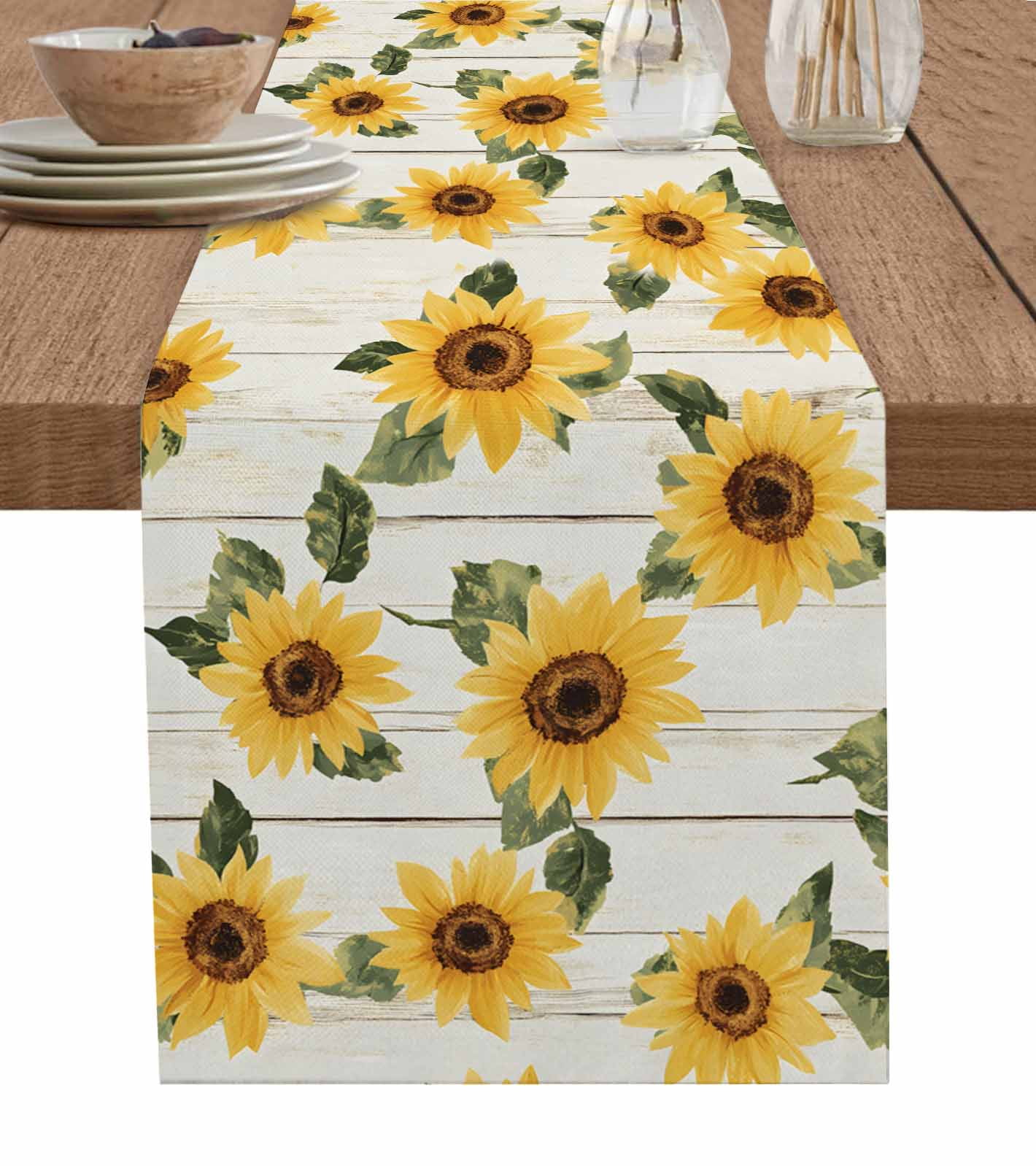 Sunflower Table Runner 72 Inches, Green Botanical Yellow Spring Summer ...