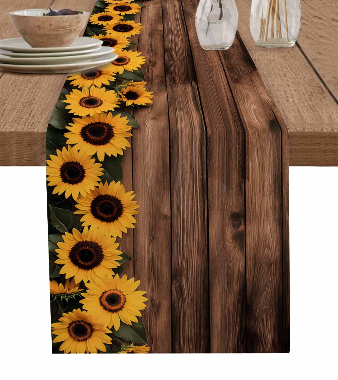Sunflower Table Runner 72 Inches, Vintage Botanical Floral Wood Plank ...