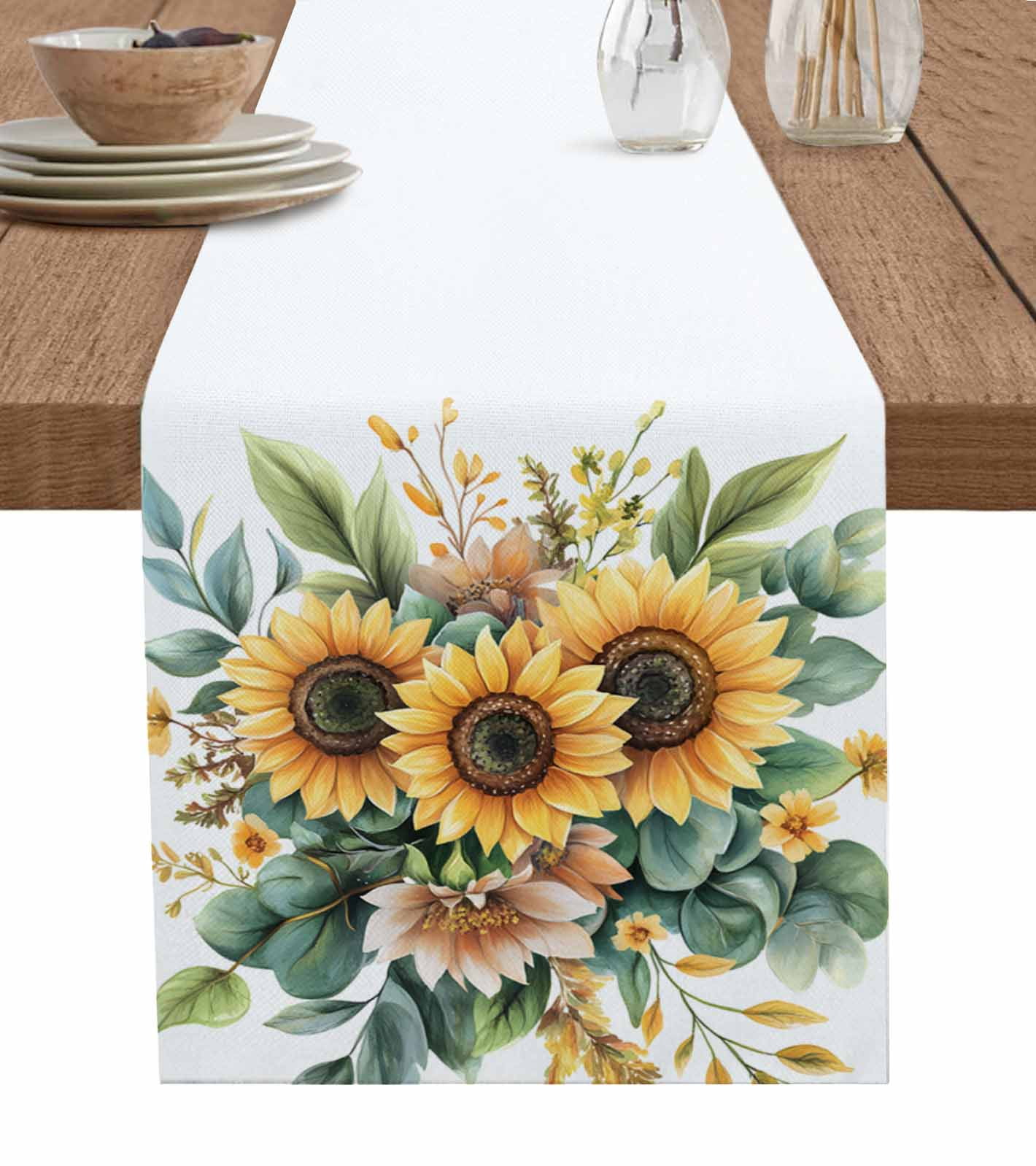 Sunflower Table Runner 72 Inches, Vintage Plant Leaf Eucalyptus Garden ...