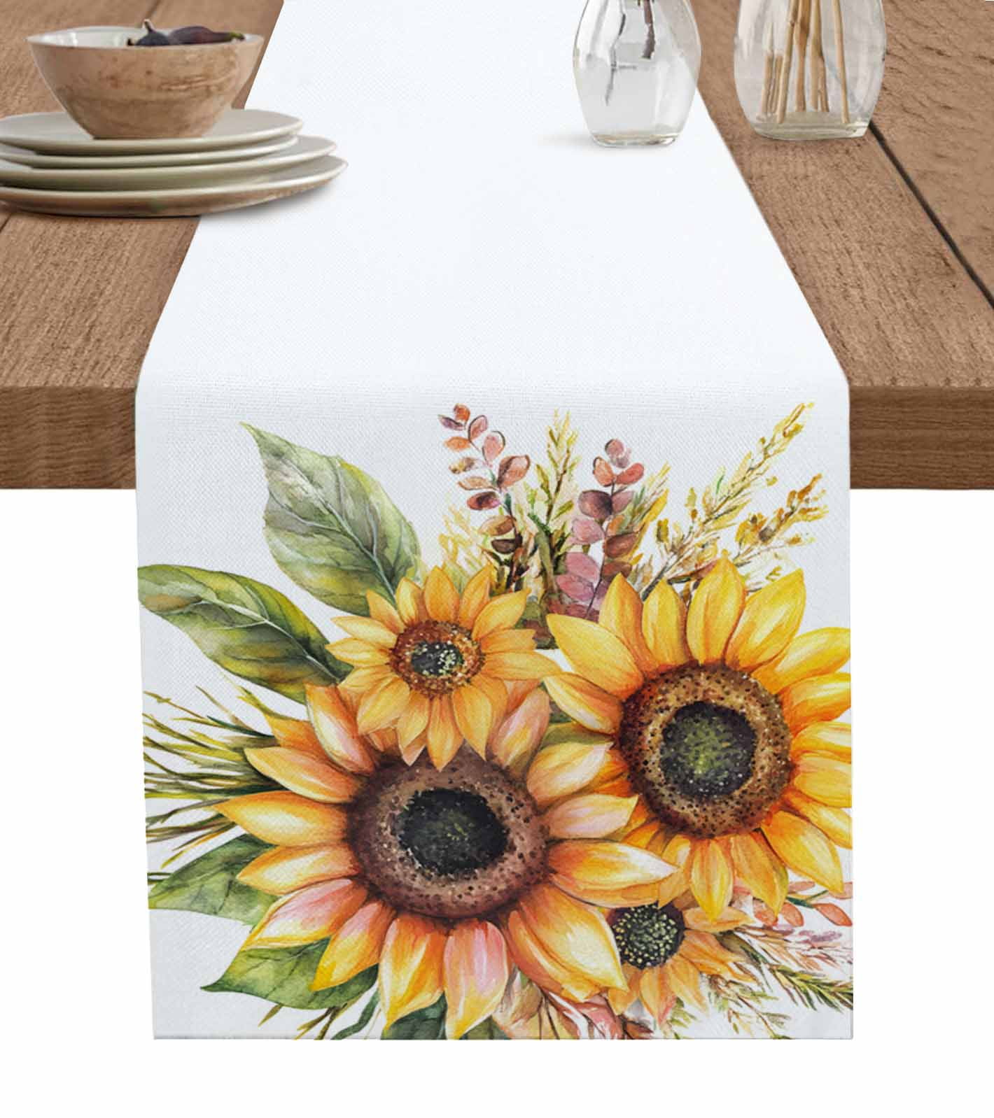 Sunflower Table Runner 72 Inches, Watercolor Garden Blooms Floral ...