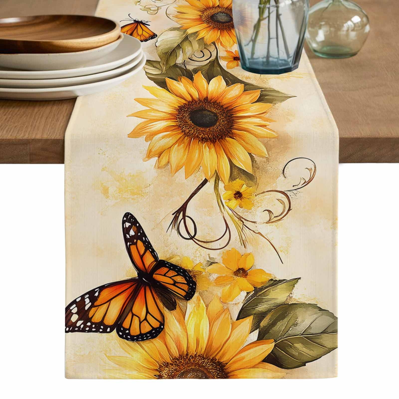 Sunflower Table Runner, Butterfly Spring Floral Retro Washable Cotton ...