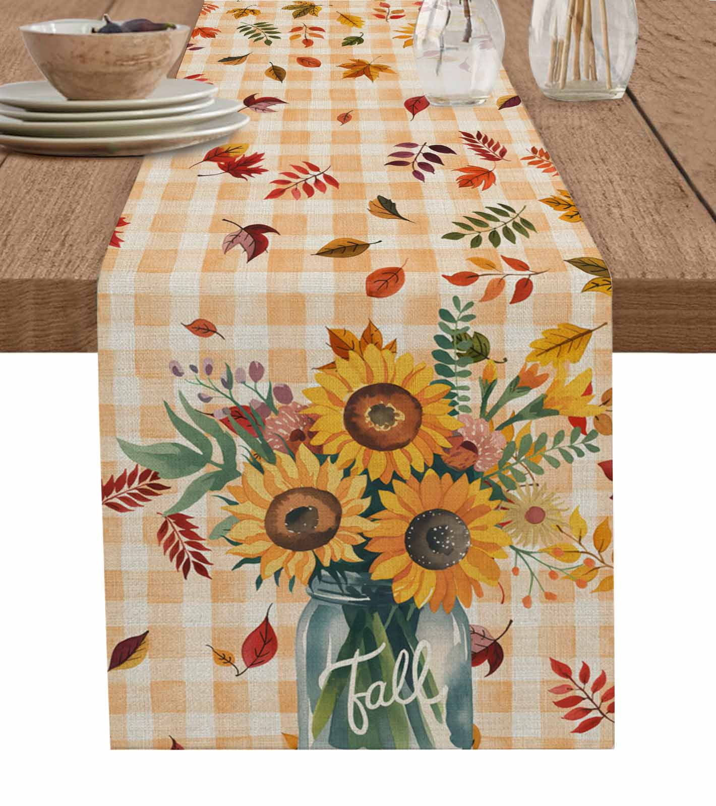 Sunflower Table Runner Orange Plaid Farmhouse Leaves Watercolor Retro ...