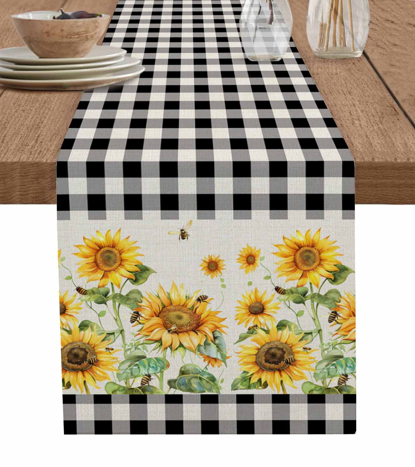 Sunflower Table Runner Retro Buffalo Plaid Black White Country Bee ...