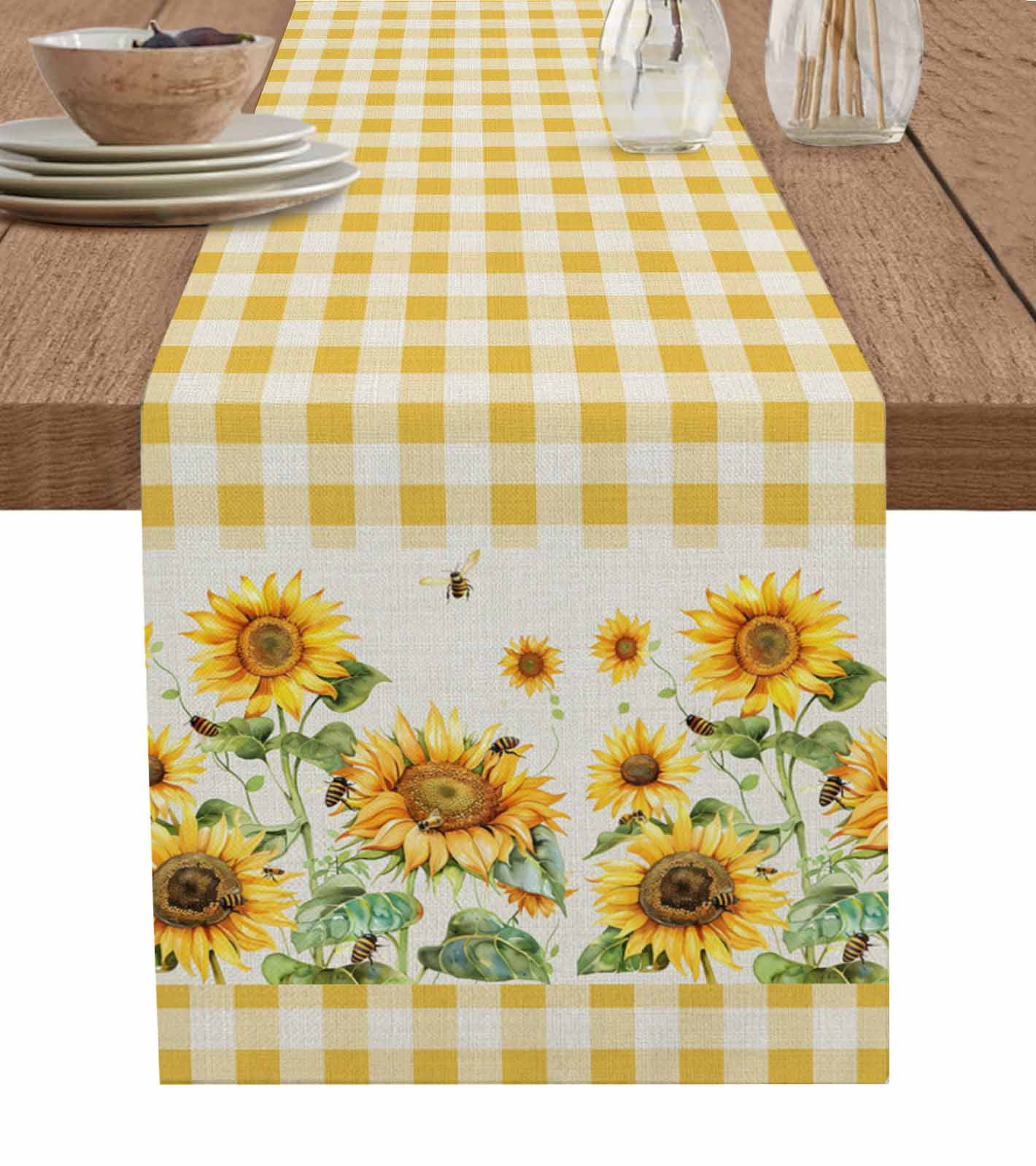 Sunflower Table Runner Retro Buffalo Plaid Yelloe Beige Country Bee Tablerunners 13 x 36 Inch ...