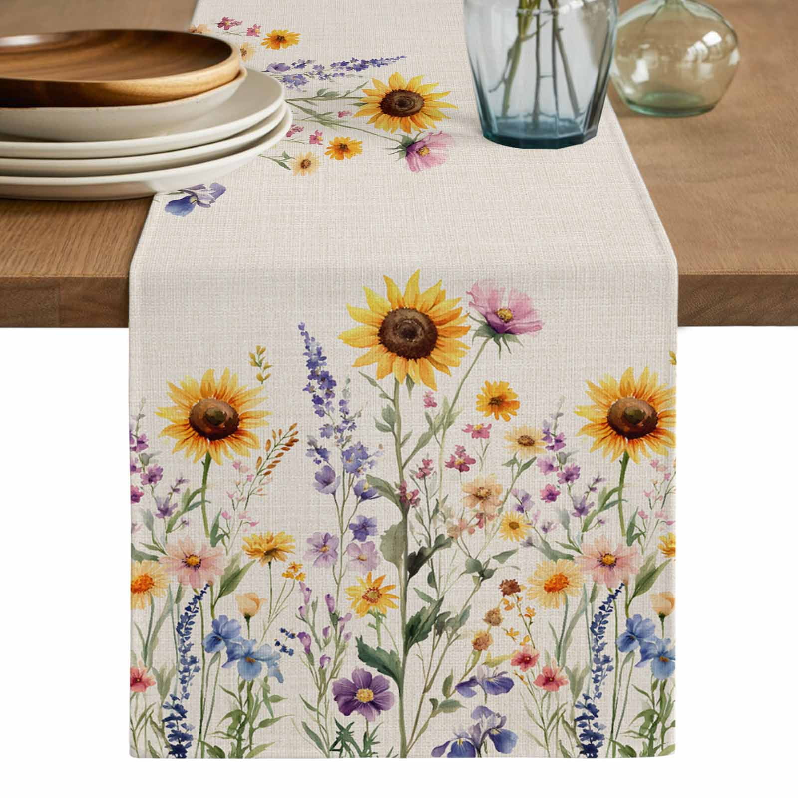 Sunflower Table Runner, Vintage Spring Floral Summer Botanical Washable ...