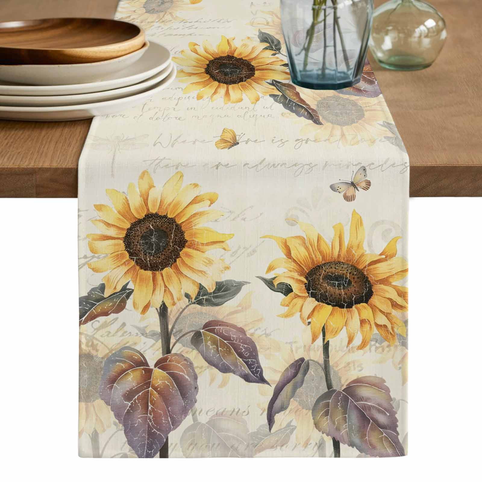 Sunflower Table Runner, Yellow Summer Botanical Floral Farmhouse ...