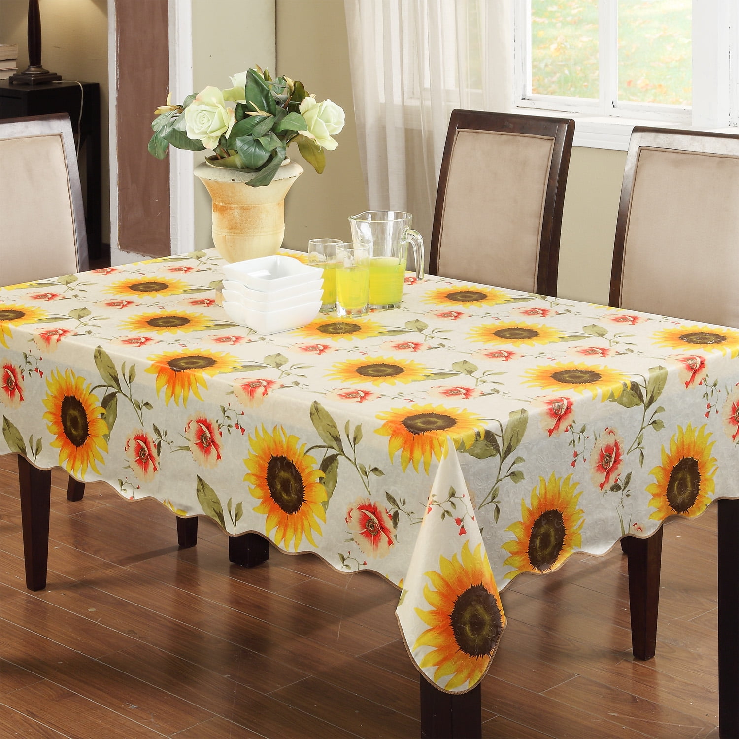 Sunflower Tablecloth with Flannel Backing, 100% PVC Waterproof Stain ...
