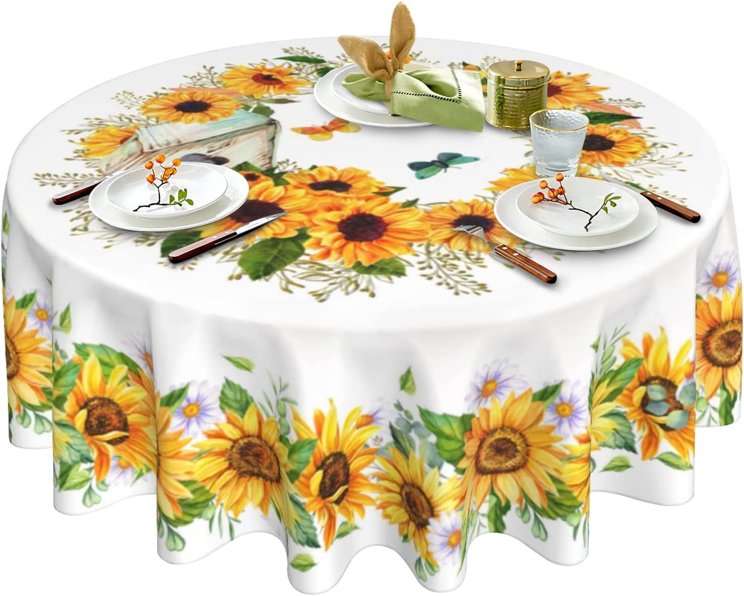 Sunflower Tablecloth Round 60 Inch- Summer Yellow Floral Table Cloth ...