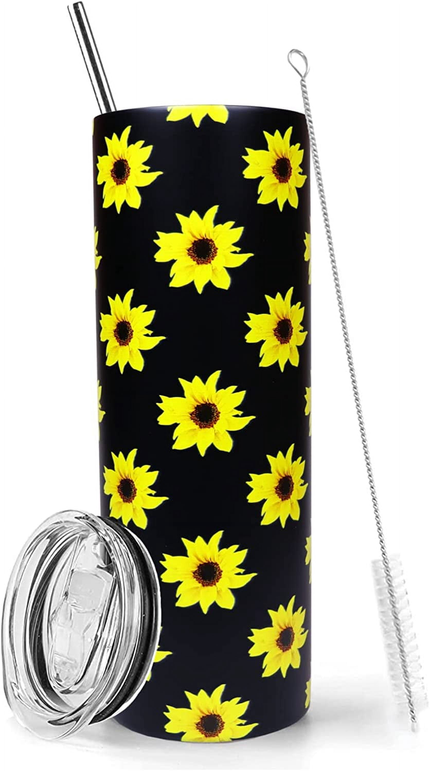 Sunflower Tumbler With Lid and Straw 20 oz Insulated Black Sunflower ...