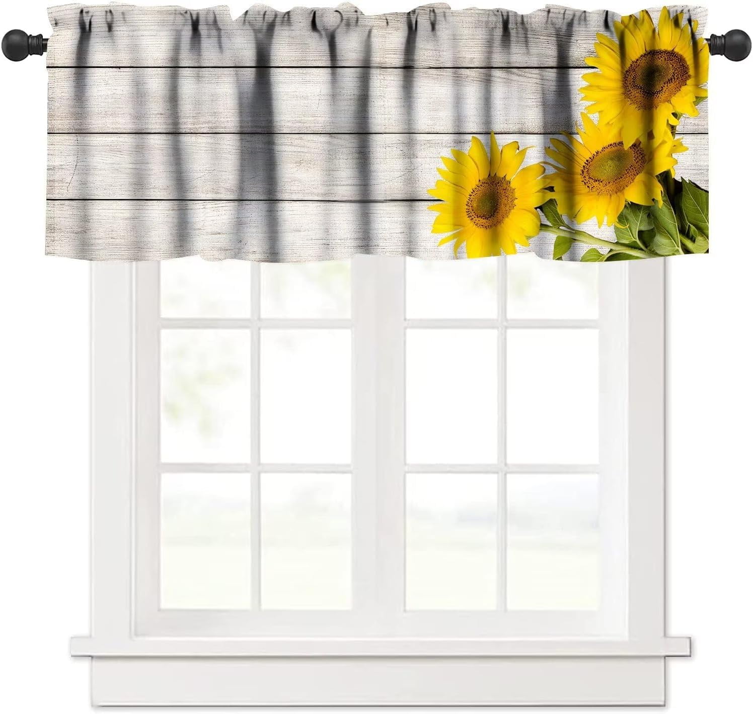Sunflower Valance Curtain 3 Sunflower on Vintage Wooden Planks Rod ...