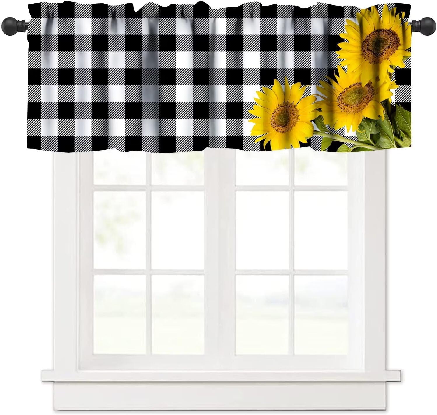 Sunflower Valance Curtain Sunflower on Farm Buffalo Check Plaid Black ...