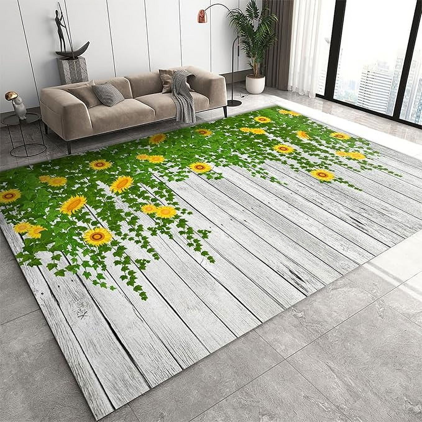 Sunflower Vine Leaves Area Rug, Vintage Grey Wood Plank Texture Indoor ...
