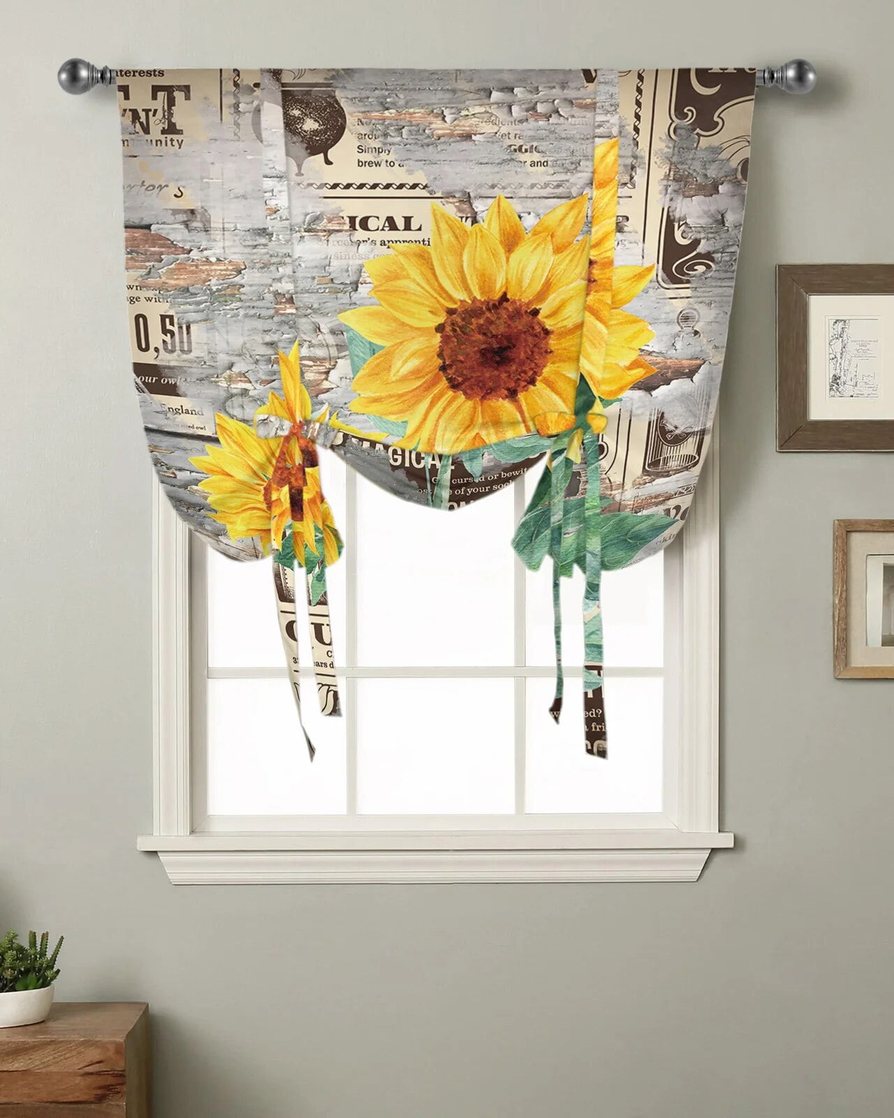 Sunflower Vintage Newspaper Wood Grain Kitchen Short Window Curtain ...