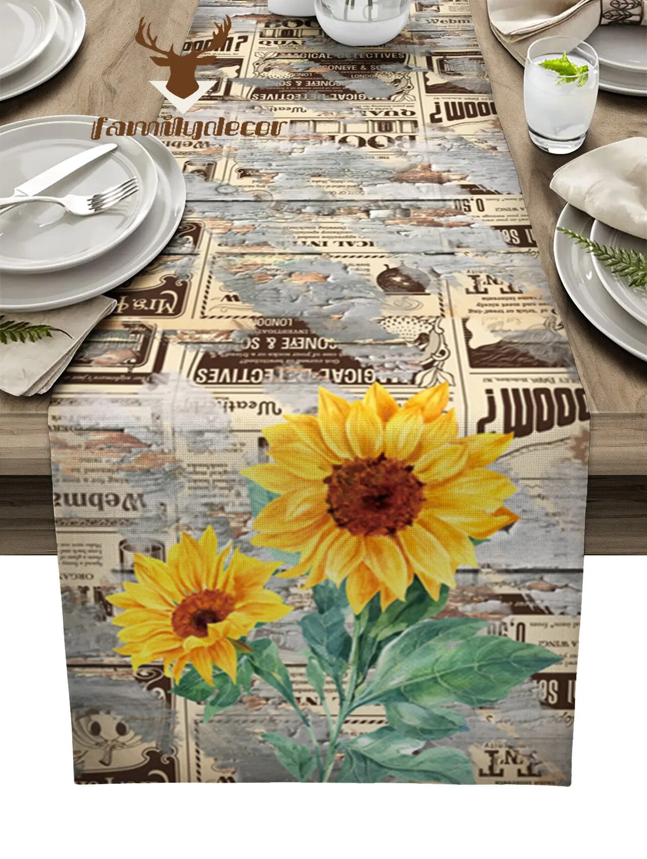 Sunflower Vintage Newspaper Wood Grain Table Runner Home Wedding Table ...