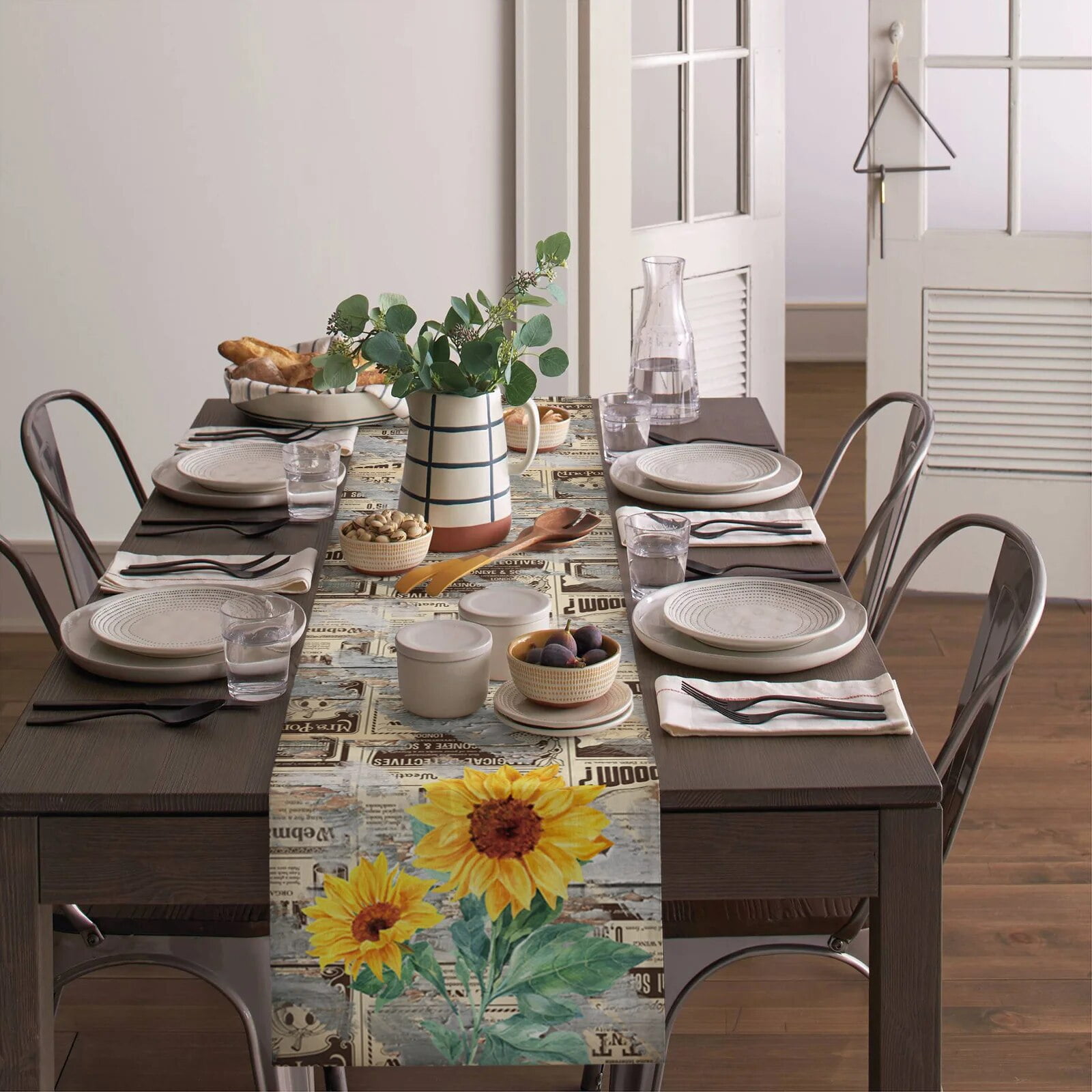 Sunflower Vintage Newspaper Wood Grain Table Runner Wedding Table Decor ...