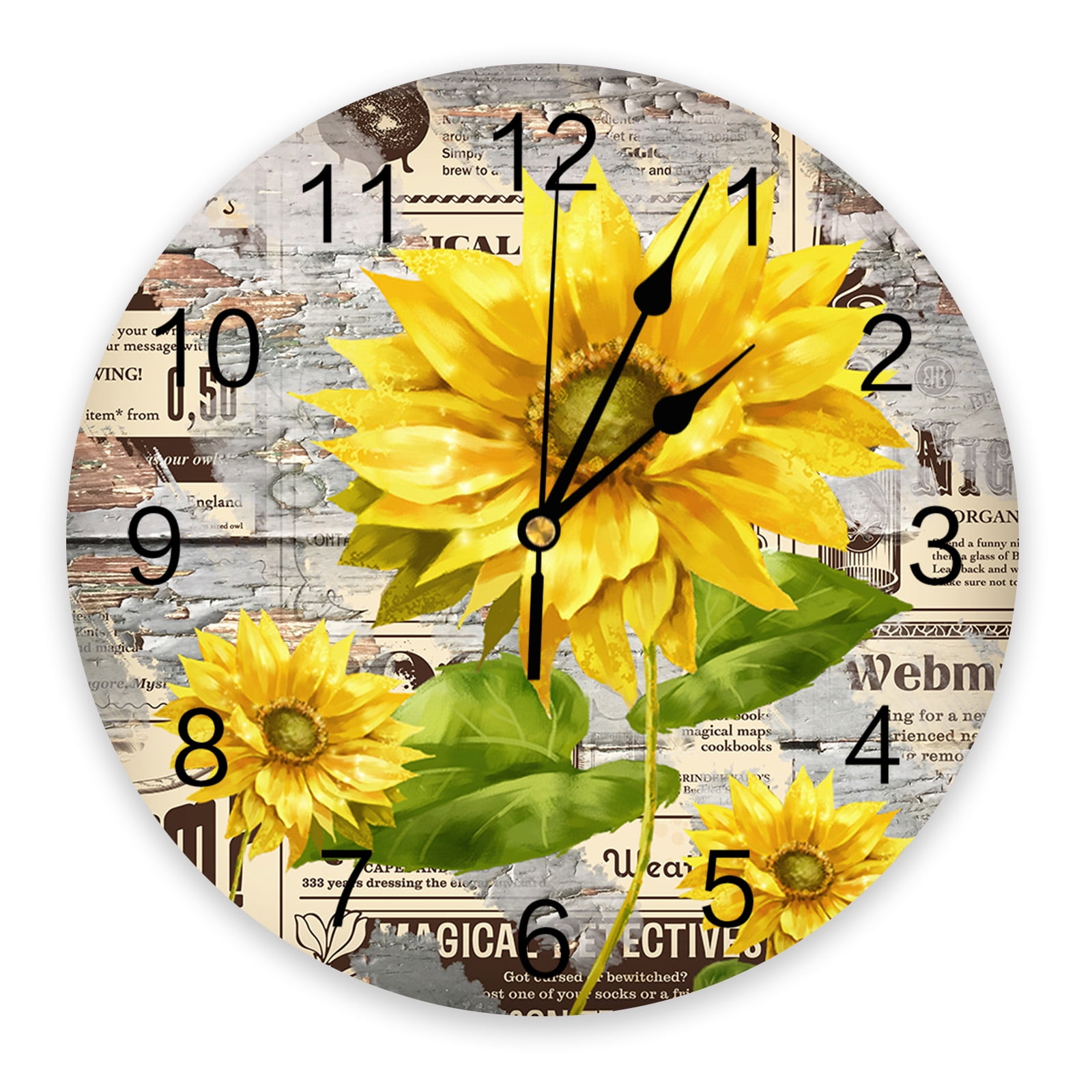 Sunflower Vintage Newspaper Wood Grain Wall Clock Modern Design Silent ...