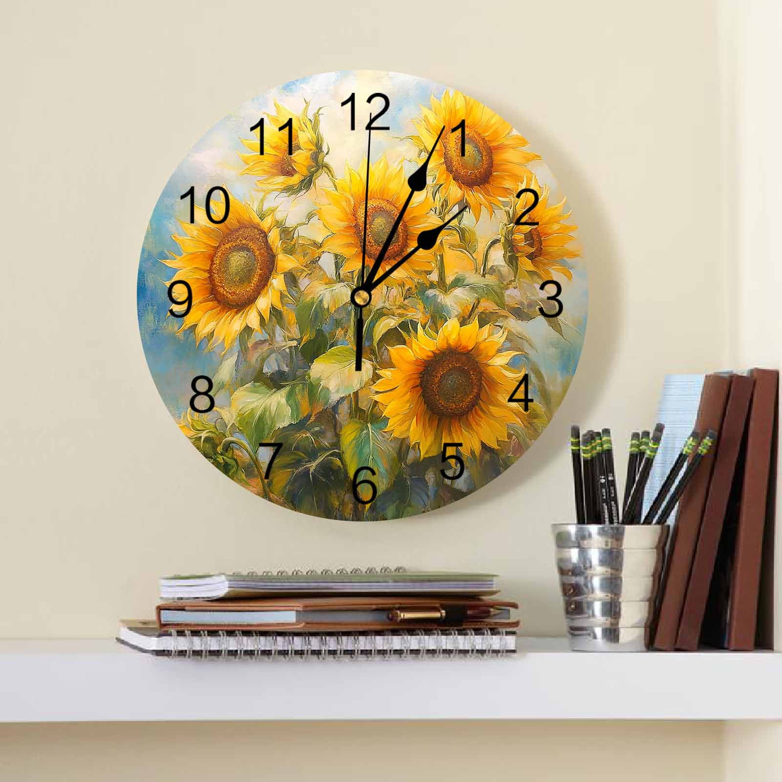 Sunflower Watercolor Gradit Wall Clock Large Modern Kitch Dinning Round ...