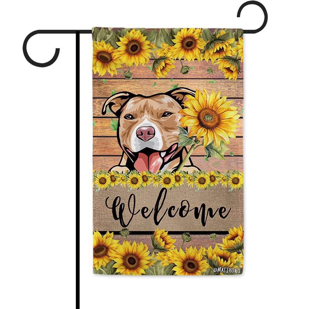 Sunflower Welcome Garden Flag Loyal Pit Bull Dog Summer Floral Flag ...
