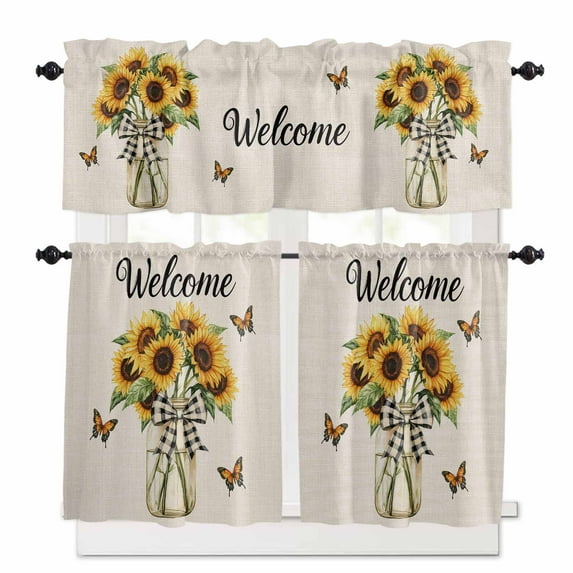 Sunflower Welcome Kitchen Curtains Valance and Tier Set Butterfly Plaid ...