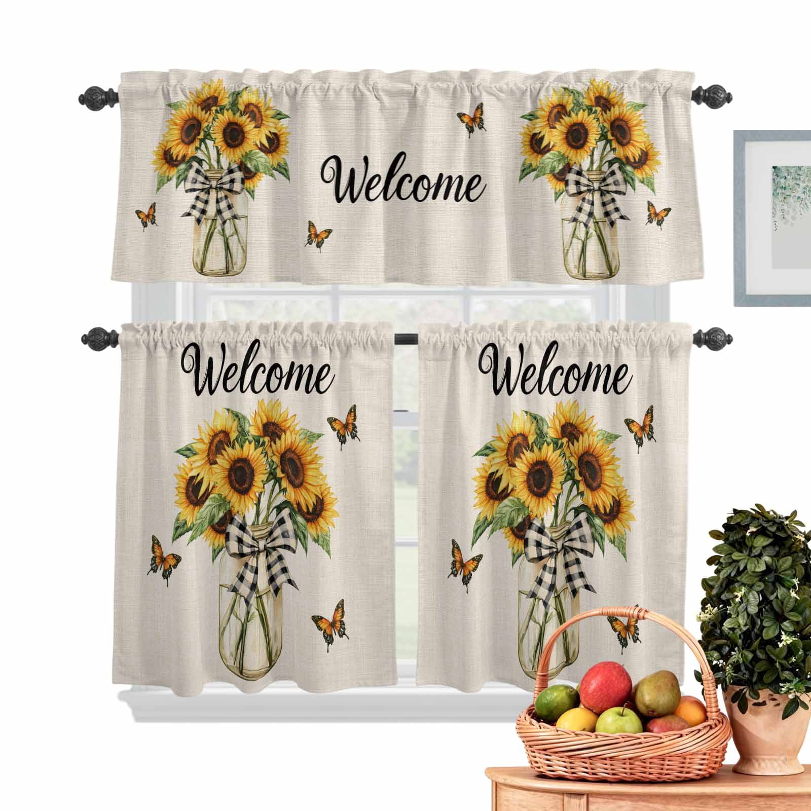 Sunflower Welcome Kitchen Curtains Valances 3 Piece Set, Butterfly ...