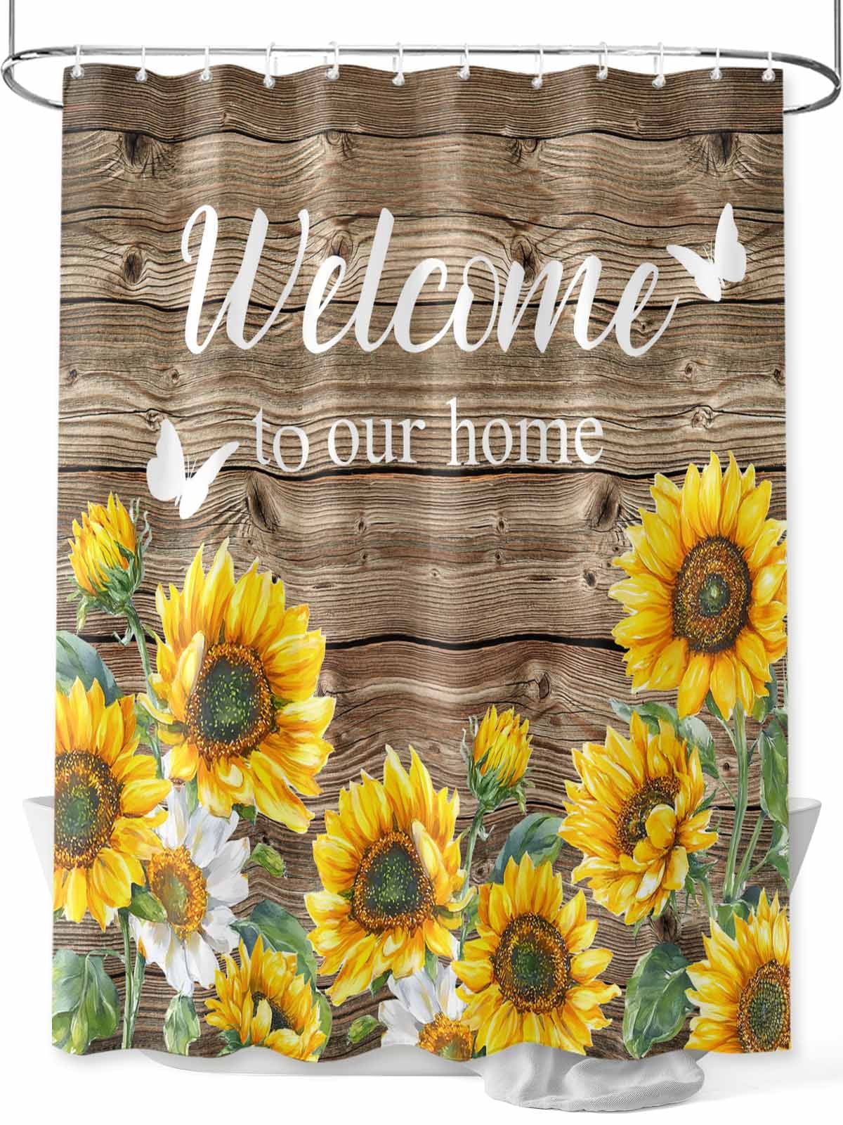 Sunflower Welcome Shower Curtain, Vintage Farmhouse Wood Texture ...