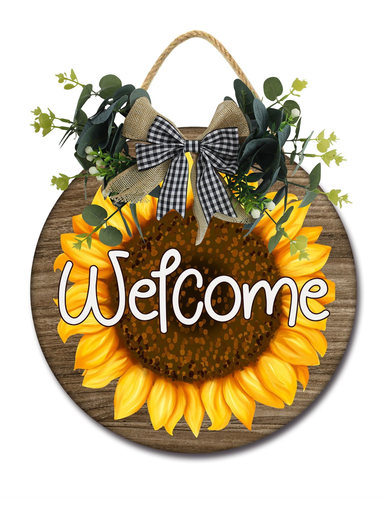 Sunflower Welcome Sign Front Door Porch Decorations, Round Rustic Wood ...