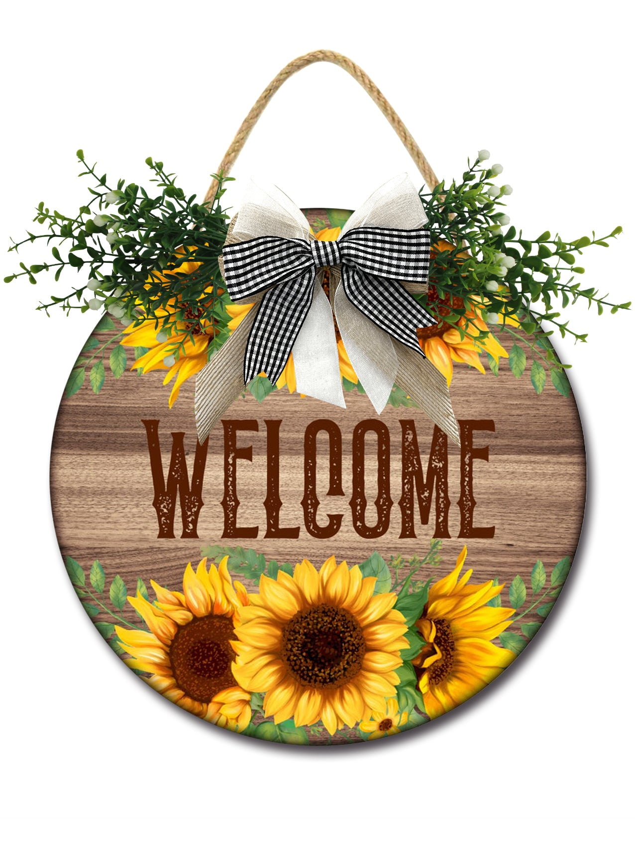 Sunflower Welcome Sign Front Door Porch Decorations, Round Rustic Wood ...