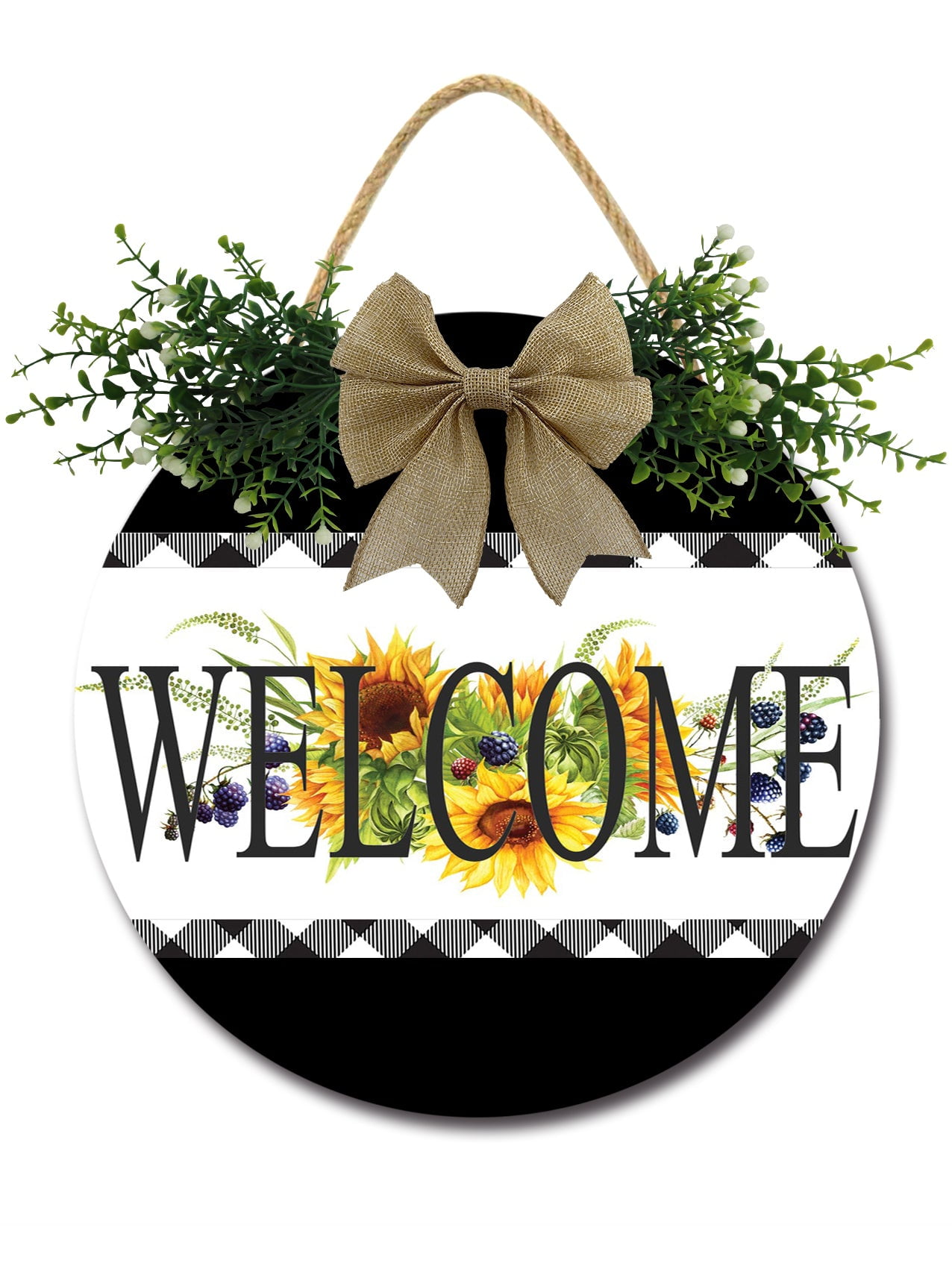 Sunflower Welcome Sign Front Door Porch Decorations, Round Rustic Wood ...